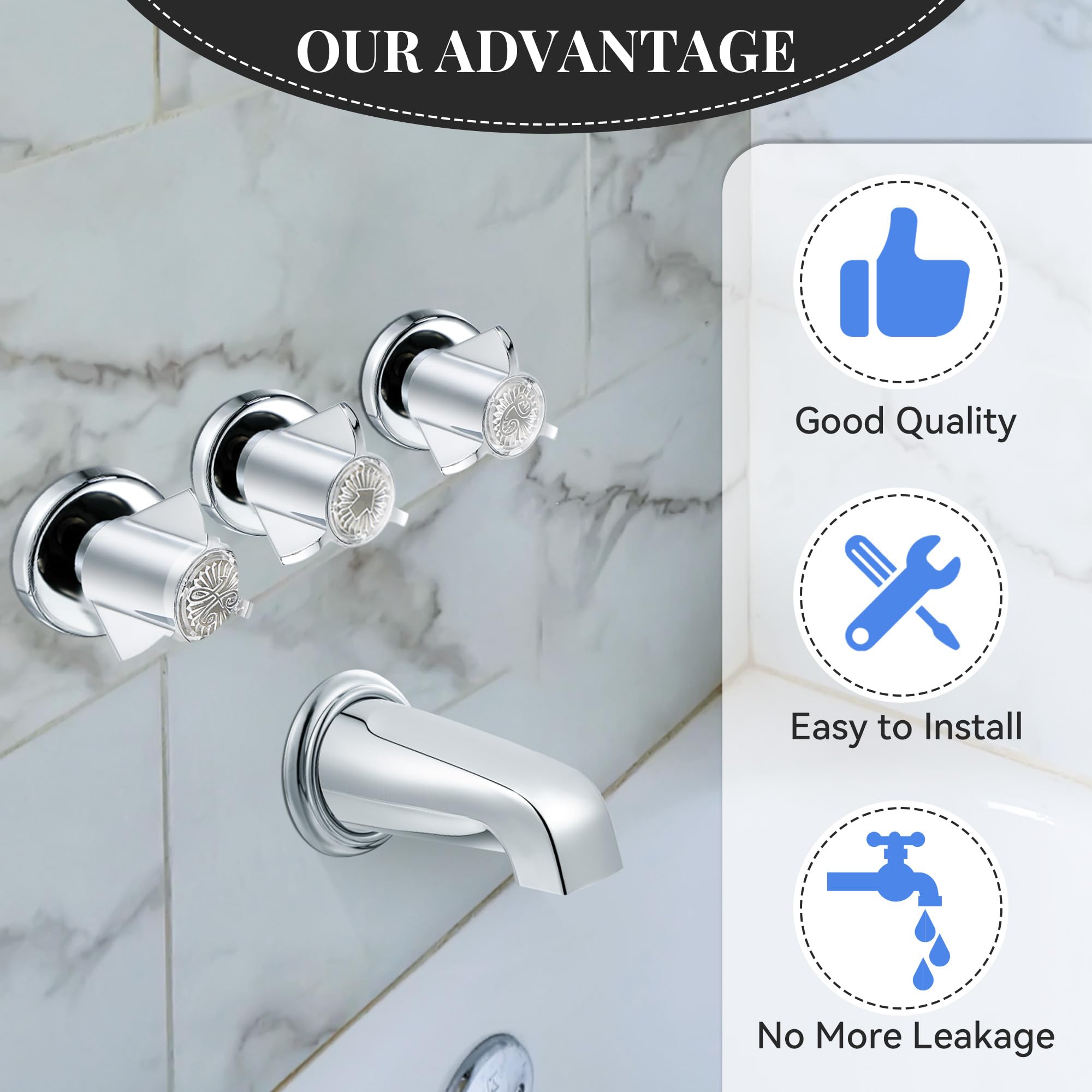 Dreyoo 3 Handle Bathtub Shower Tub Trim Set Compatible with Sayco Bathtub Faucets, 16 tooth Bathroom Shower Faucet Knobs Replacement, Hot, Cold and Diverted Sink Faucet Knobs Replacement Parts