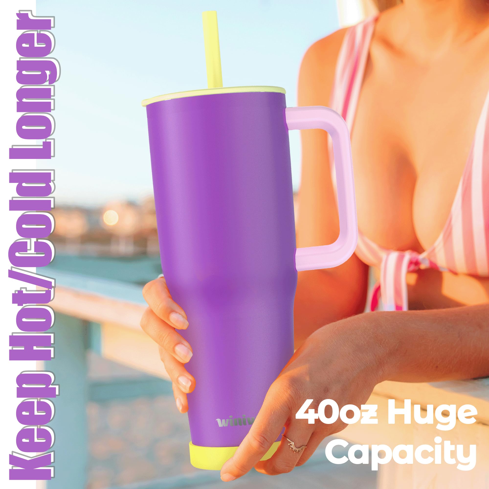 winiwo 40 oz Tumbler with Handle and Straw for Her, Flexible Straw, Insulated Tumbler Cups with Silicone Bottom, Keeps Beverages Cold Up to 24 Hours, Gym/Work/Travel/School/Gift(Grape Purple)