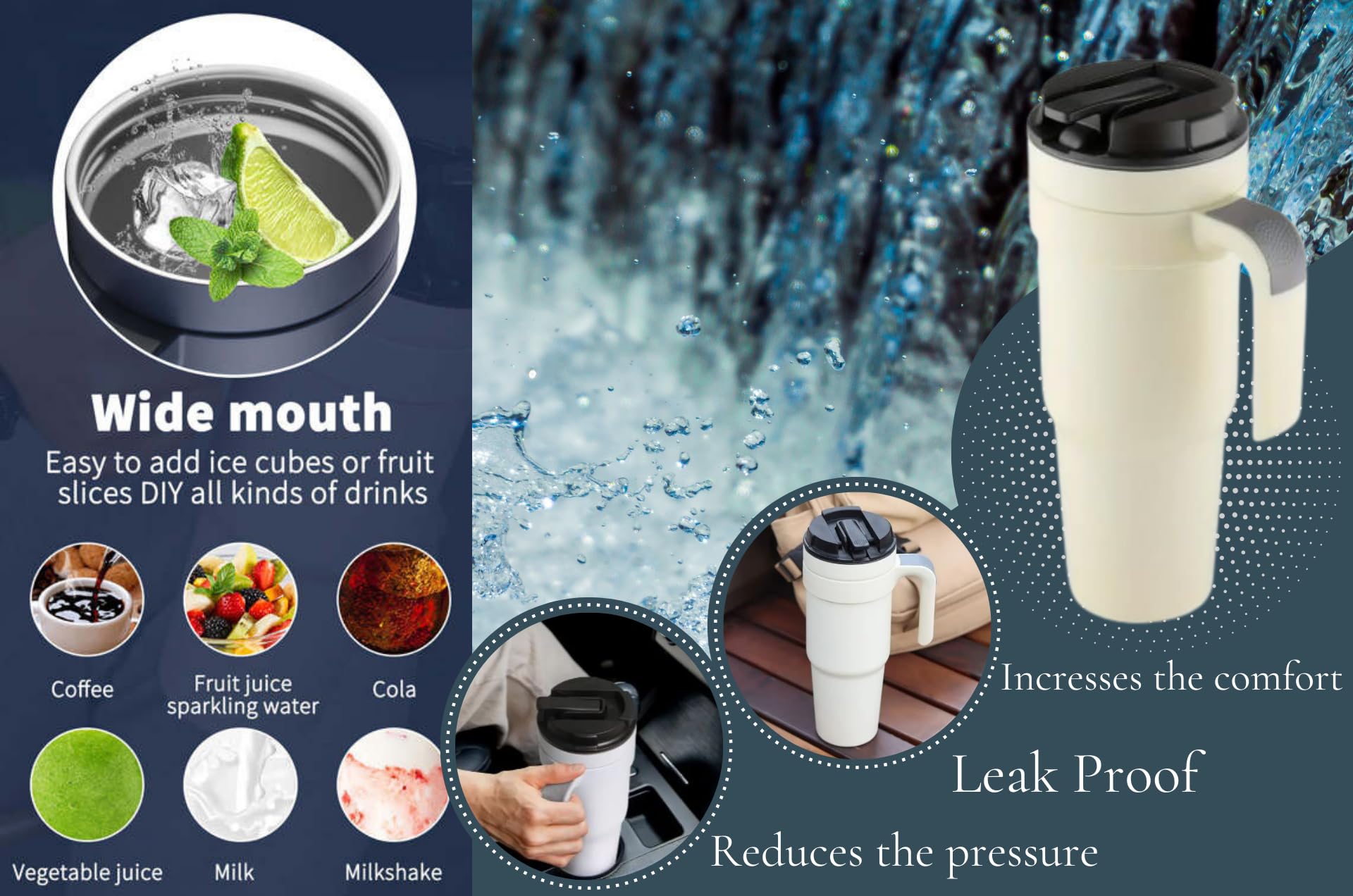 Sama Goods Tumbler with Handle, Double Wall Vacuum-insulated Proof Thermal Travel Cup, Stainless Steel Mug with Lid and Straw. (Moon Mist), 40 OZ, FC094