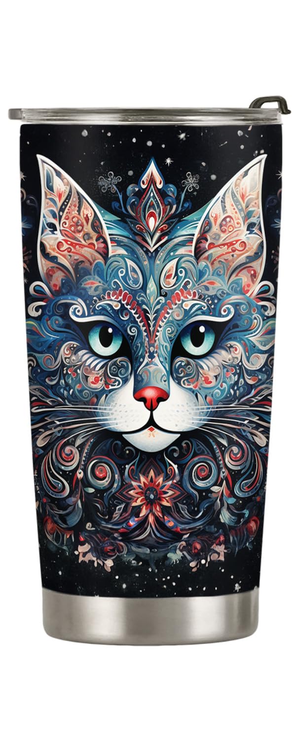 20oz Cute Beautiful Flower Cat Tumbler, Gifts for Cat Lovers, Coffee Thermos for Women, Stainless Steel Double Wall Vacuum Insulated Coffee Mug, Travel Cup with Lid