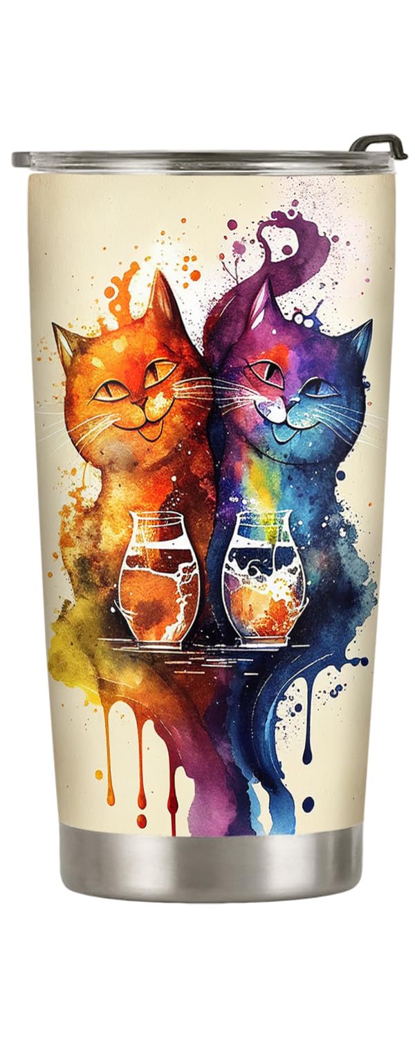 20oz Colorful Painting Cat Tumbler, Gifts for Cat Lovers, Coffee Thermos for Women, Men, Stainless Steel Double Wall Vacuum Insulated Coffee Mug, Travel Cup with Lid