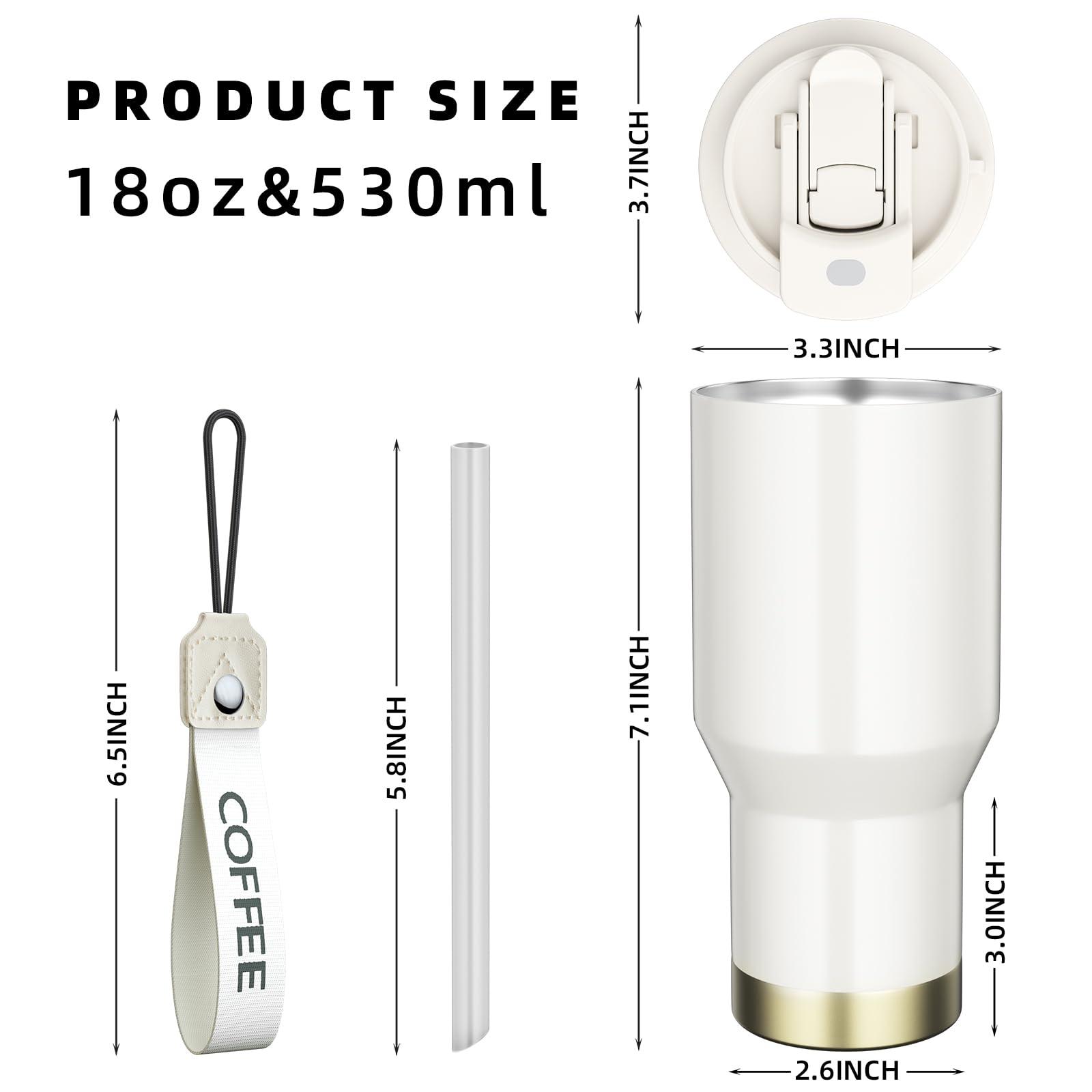 MURRICON 18 oz Stainless Steel Travel Coffee Mug,Vacuum Insulated Coffee Tumbler,Portable Coffee Cups with Lid and Straw,White