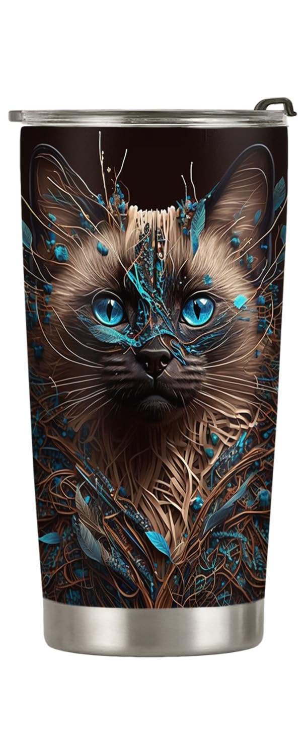 20oz Cute Beautiful Flower Cat Tumbler, Gifts for Cat Lovers, Coffee Thermos for Women, Stainless Steel Double Wall Vacuum Insulated Coffee Mug, Travel Cup with Lid