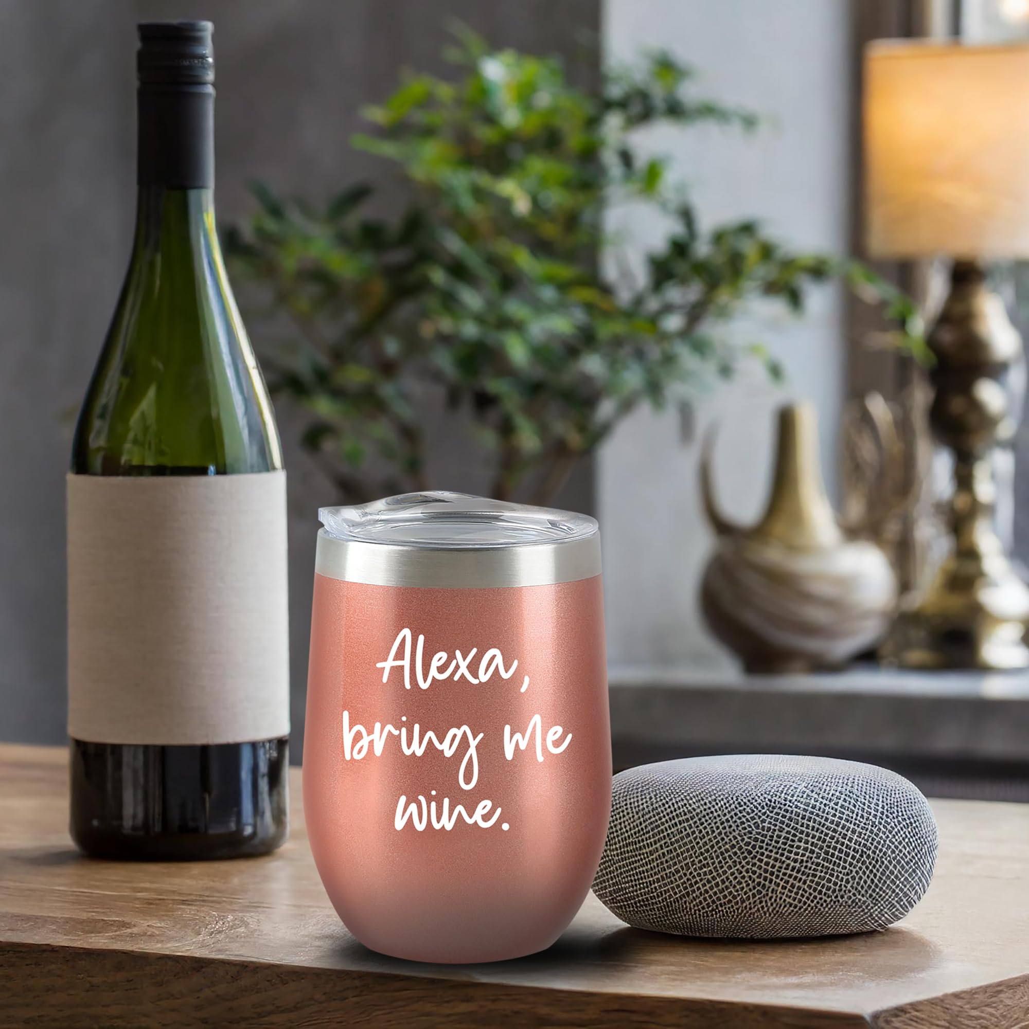 Chris's Stuff 12 oz Wine Tumbler - Iced Coffee Mug with Splash-Proof Lid Stainless Steel Double Wall Vacuum Insulated with Inner Layer Copper Keep Drinks Cold/Hot - Quote: Alexa Bring me Wine (Pink)