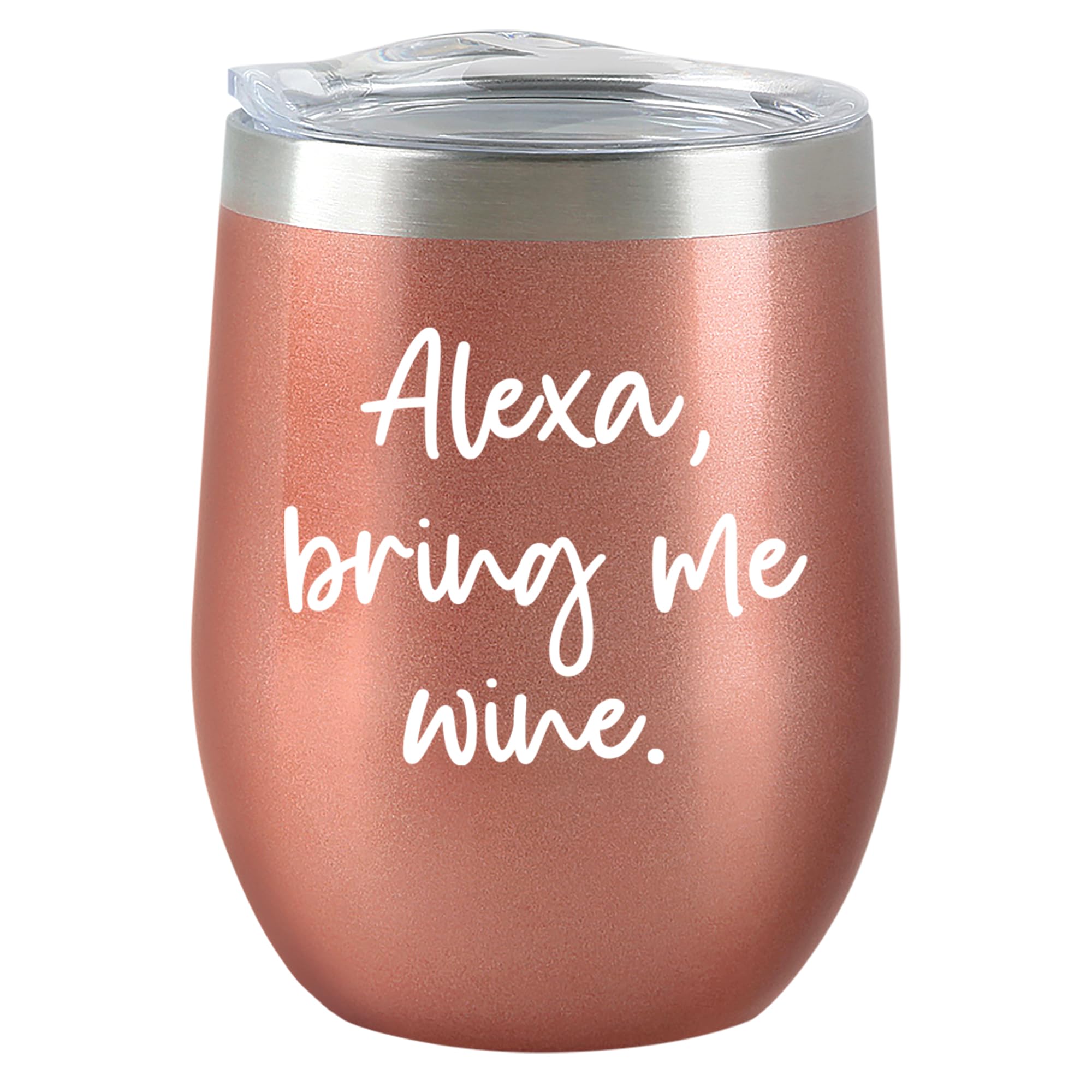 Chris's Stuff 12 oz Wine Tumbler - Iced Coffee Mug with Splash-Proof Lid Stainless Steel Double Wall Vacuum Insulated with Inner Layer Copper Keep Drinks Cold/Hot - Quote: Alexa Bring me Wine (Pink)