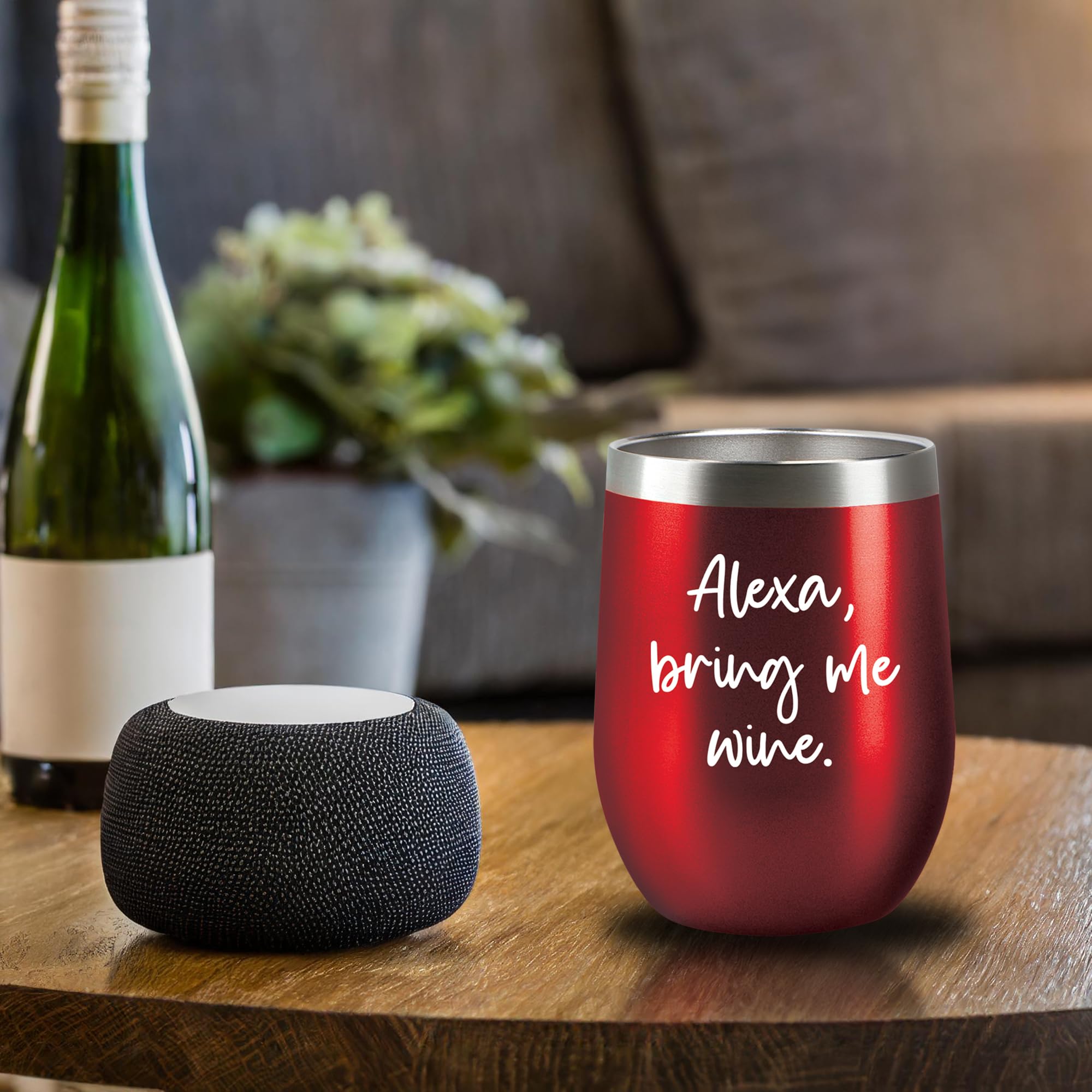 Chris's Stuff 12 oz Wine Tumbler - Iced Coffee Mug with Splash-Proof Lid Stainless Steel Double Wall Vacuum Insulated with Inner Layer Copper Keep Drinks Cold/Hot - Quote: Alexa Bring me Wine (Red)