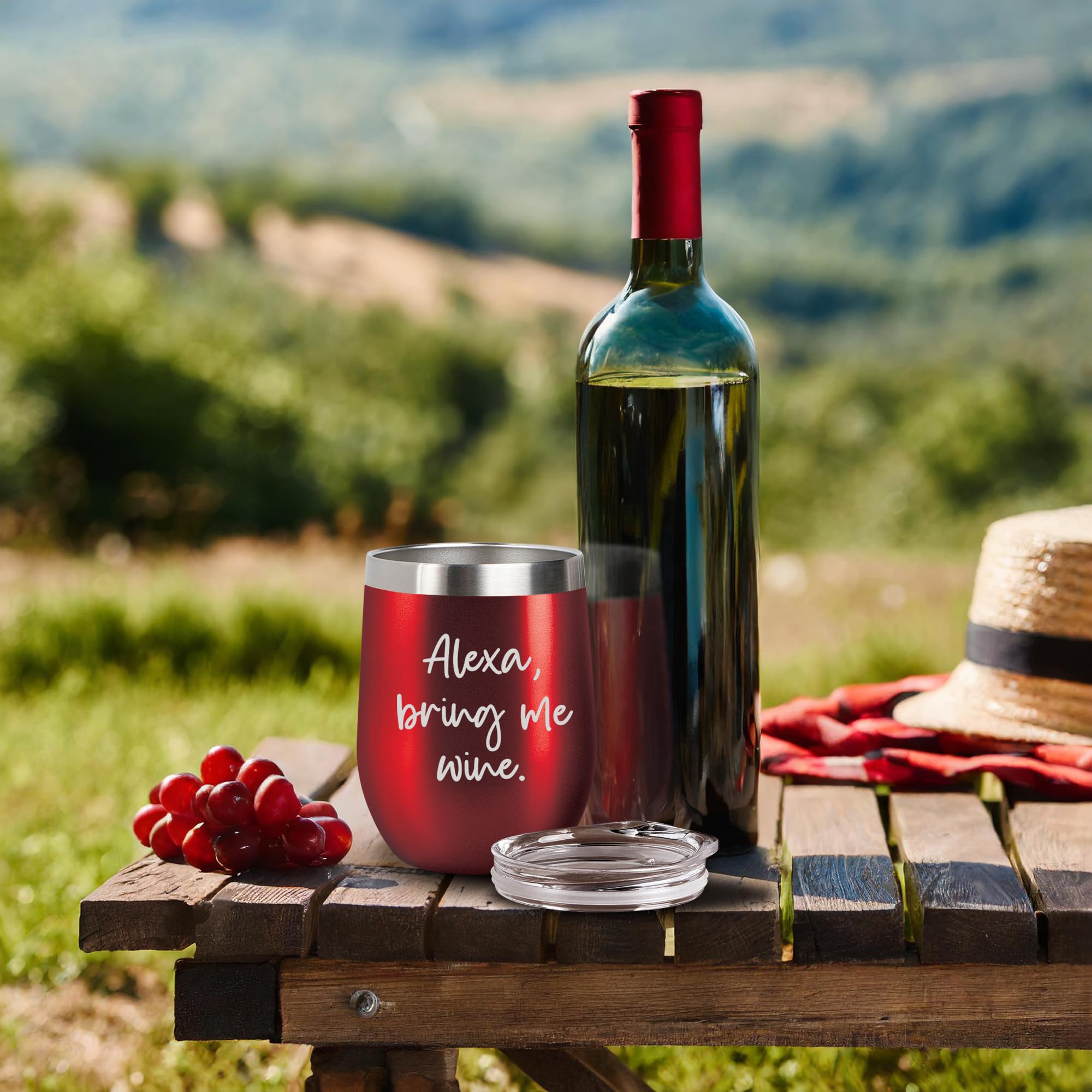 Chris's Stuff 12 oz Wine Tumbler - Iced Coffee Mug with Splash-Proof Lid Stainless Steel Double Wall Vacuum Insulated with Inner Layer Copper Keep Drinks Cold/Hot - Quote: Alexa Bring me Wine (Red)