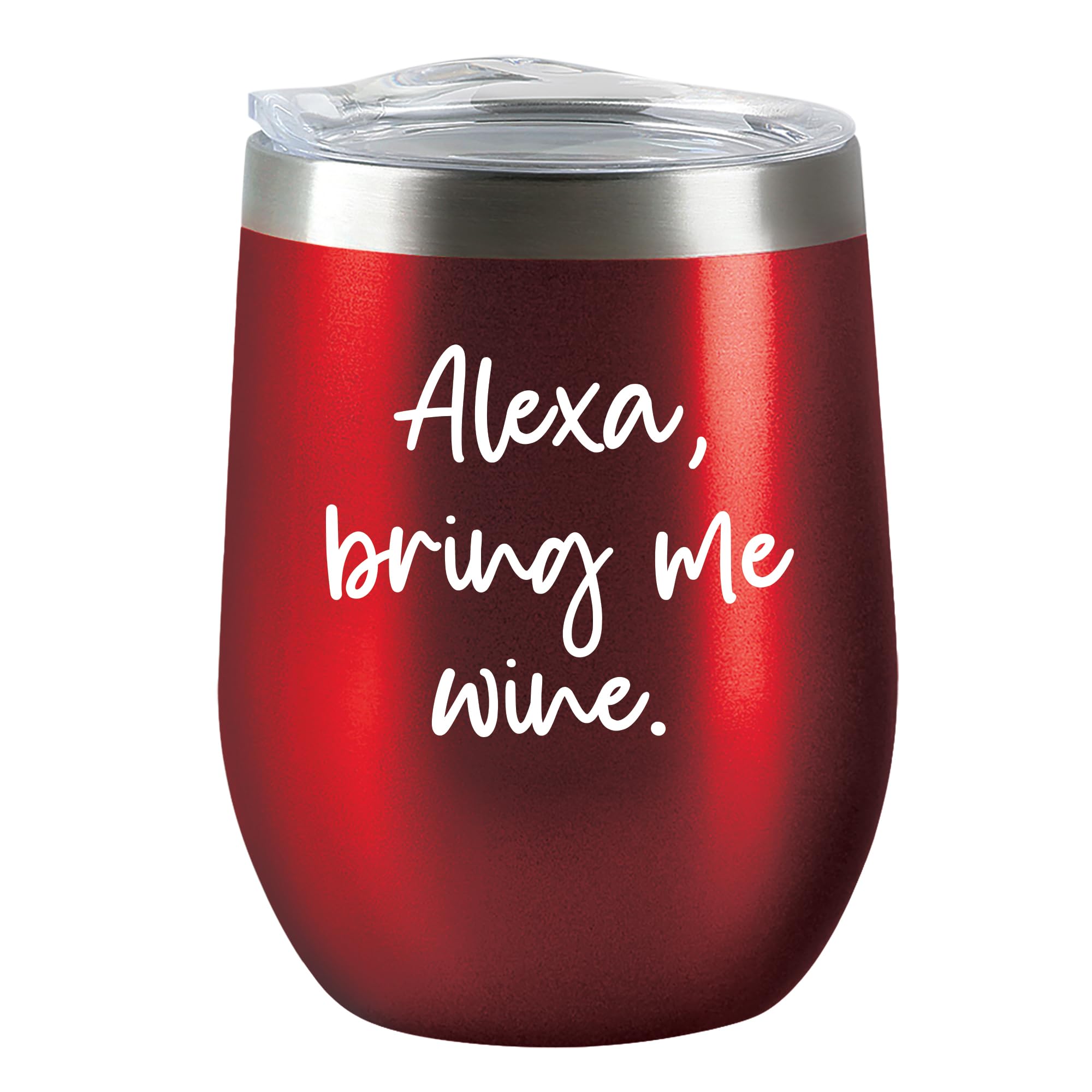 Chris's Stuff 12 oz Wine Tumbler - Iced Coffee Mug with Splash-Proof Lid Stainless Steel Double Wall Vacuum Insulated with Inner Layer Copper Keep Drinks Cold/Hot - Quote: Alexa Bring me Wine (Red)