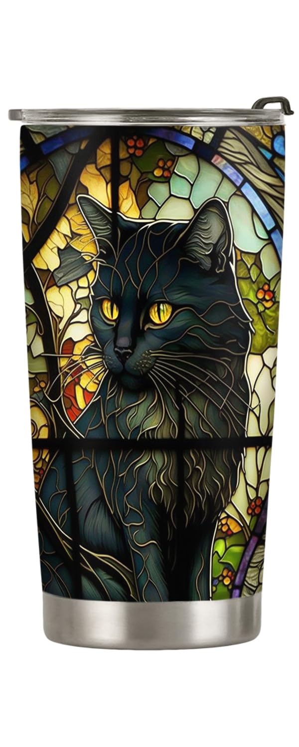 20oz Stained Glass Black Cat Tumbler, Gifts for Cat Lovers, Coffee Thermos for Women, Stainless Steel Double Wall Vacuum Insulated Coffee Mug, Travel Cup with Lid