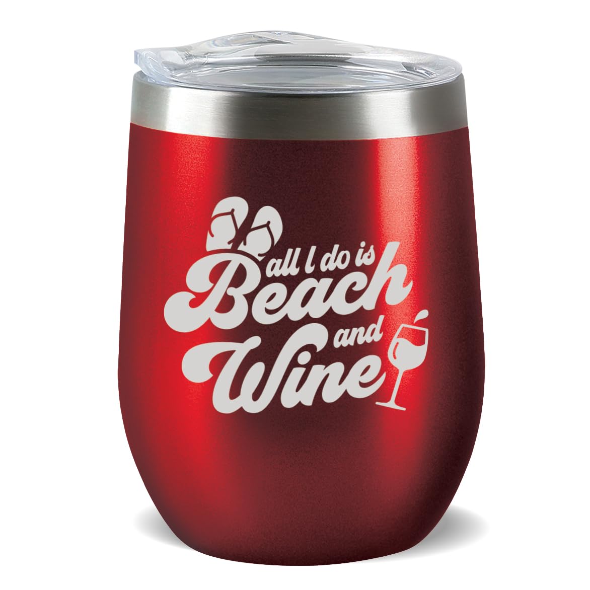 Chris's Stuff 12 oz Wine Tumbler - Iced Coffee Mug with Splash-Proof Lid Stainless Steel Double Wall Vacuum Insulated with Inner Layer Copper Keep Drinks Cold/Hot - Quote: Beach and Wine (Red)