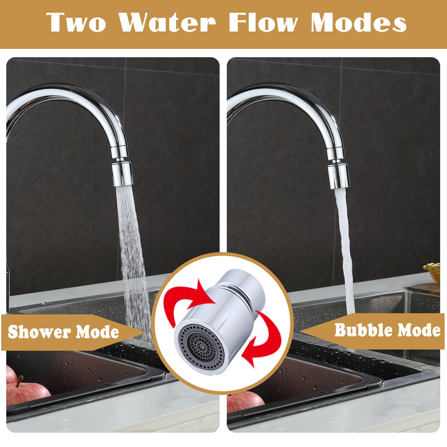SNUTUYA Swivel faucet aerator(Heavy ), Dual-function 2-Flow Sprayer Faucet Head, 360° large Angle Swivel kitchen sink aerator,kitchen 55/64 inch female thread faucet extender, Sink Aerator Chrome