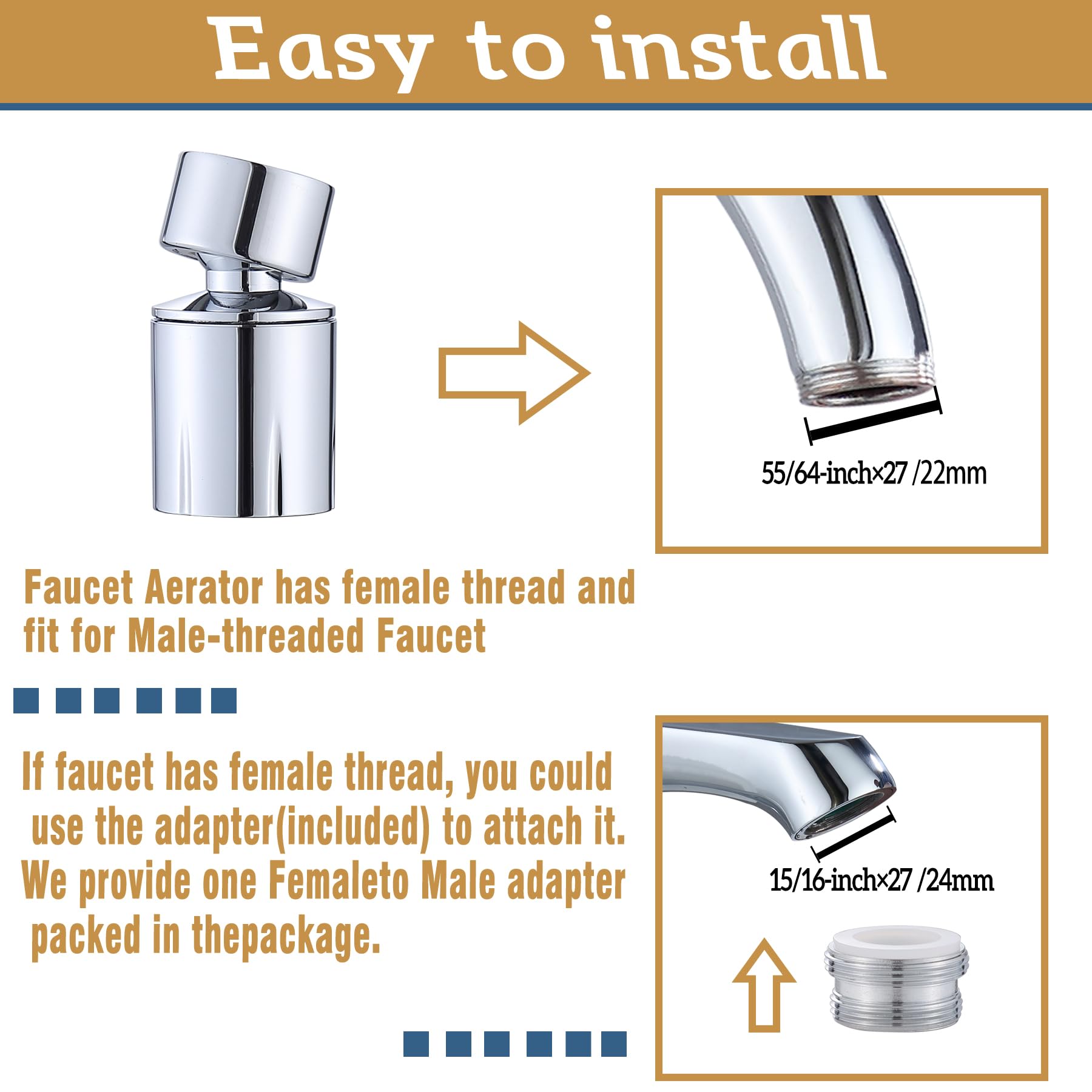 SNUTUYA Swivel faucet aerator(Heavy ), Dual-function 2-Flow Sprayer Faucet Head, 360° large Angle Swivel kitchen sink aerator,kitchen 55/64 inch female thread faucet extender, Sink Aerator Chrome