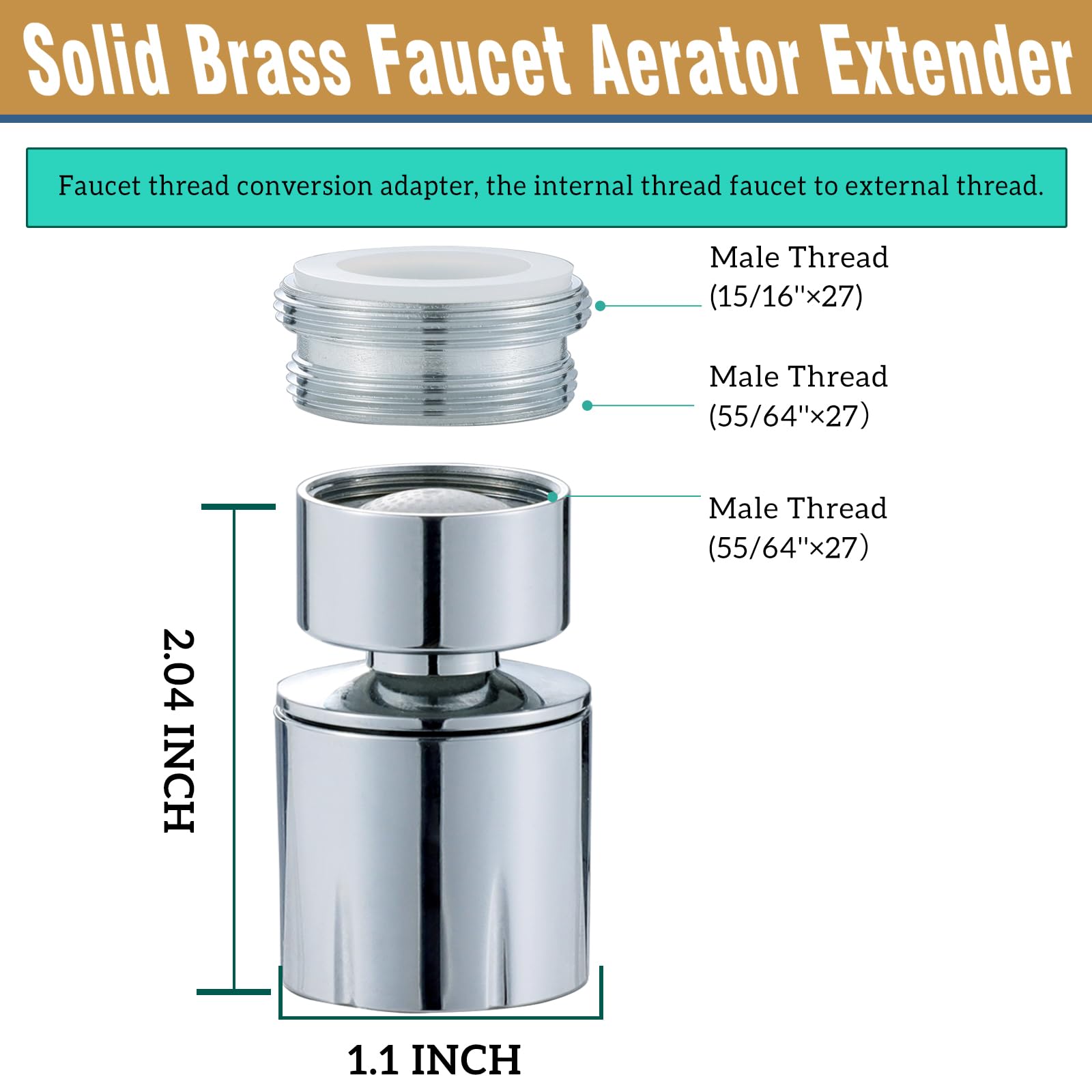 SNUTUYA Swivel faucet aerator(Heavy ), Dual-function 2-Flow Sprayer Faucet Head, 360° large Angle Swivel kitchen sink aerator,kitchen 55/64 inch female thread faucet extender, Sink Aerator Chrome