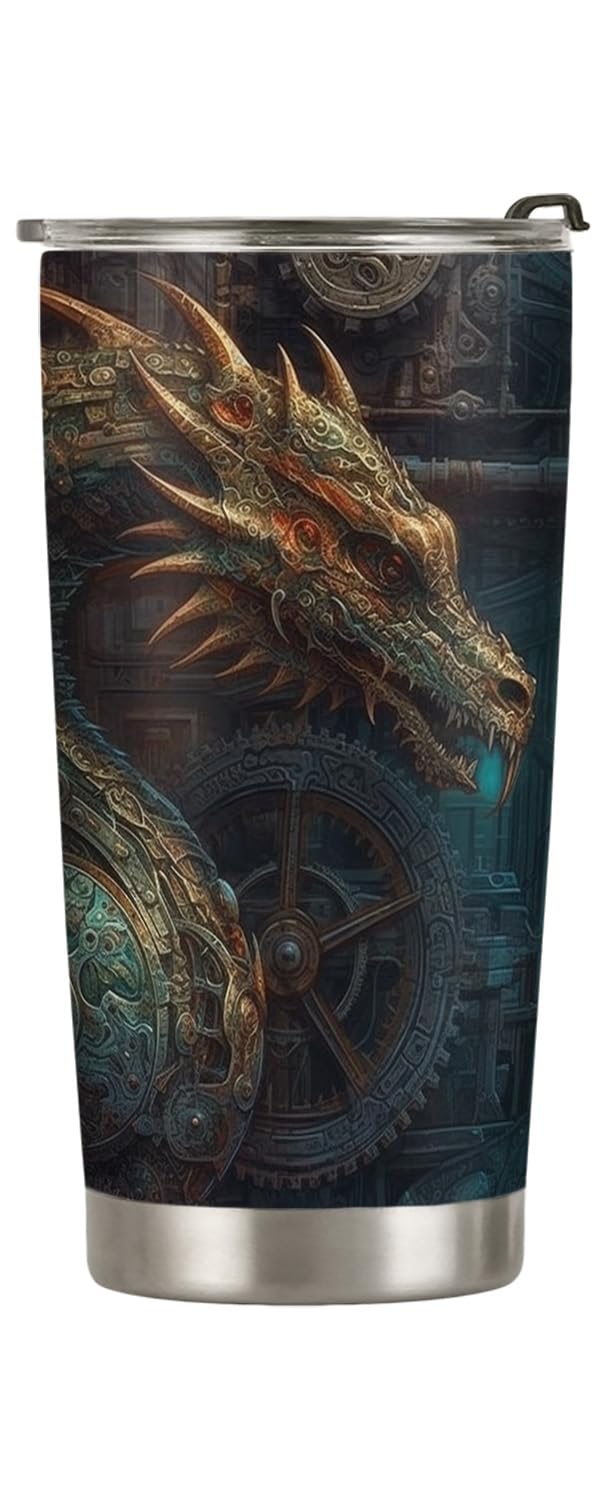 64HYDRO 20oz Steampunk Mechanical Engineer Clockwork Dragon Tumbler, Gaming, Gamer Gifts for Dragon Lovers, Stainless Steel Double Wall Vacuum Insulated Coffee Mug, Travel Cup with Lid