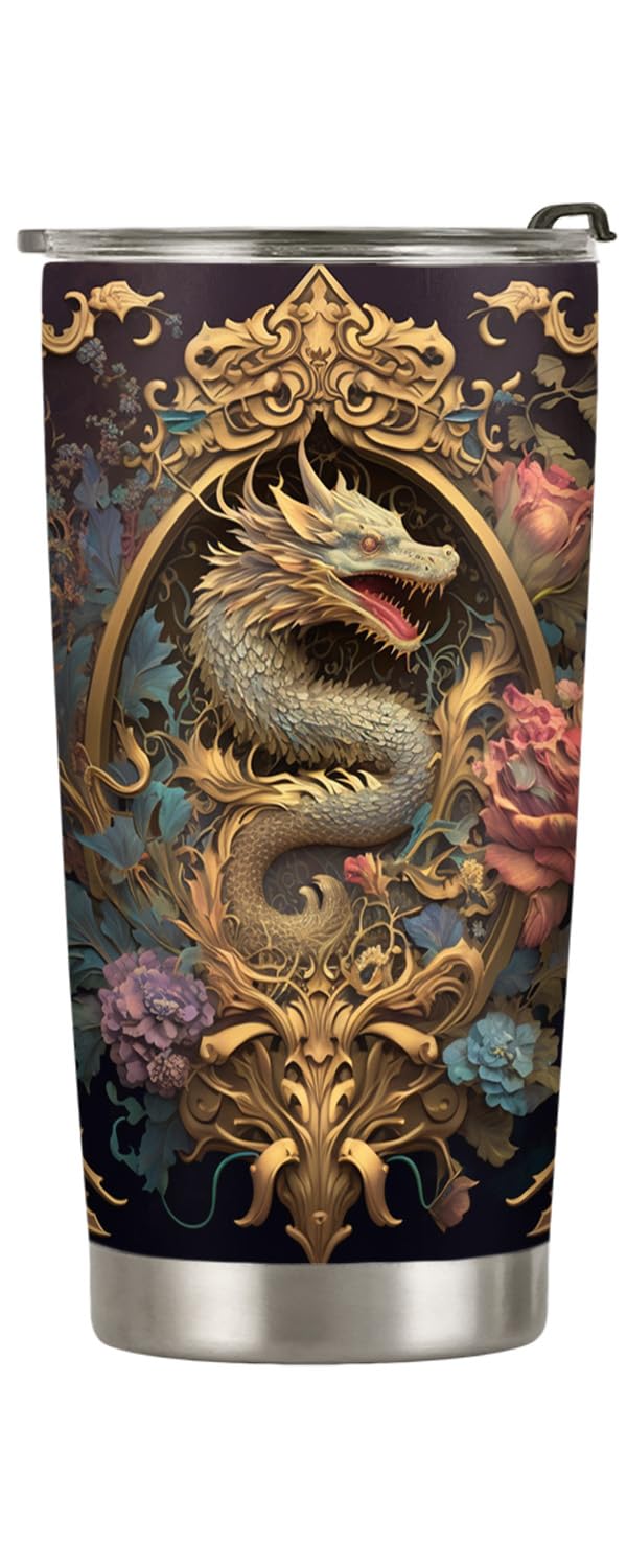 20oz Vintage Flower Dragon Tumbler, Gaming, Gamers Gifts for Dragon Lovers, Coffee Thermos for Women, Stainless Steel Double Wall Vacuum Insulated Coffee Mug, Travel Cup with Lid