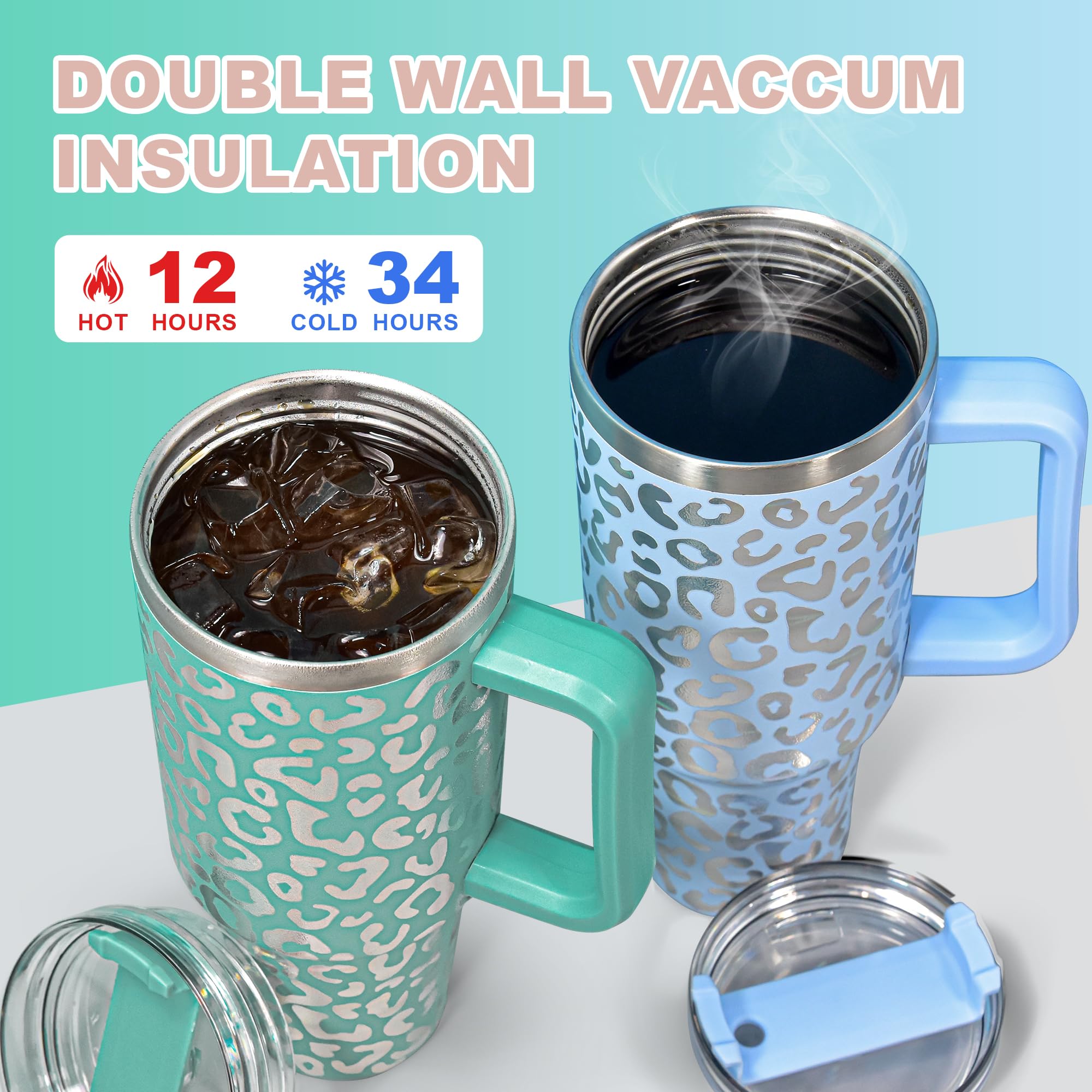FECBK 40 oz Tumbler with Handle and Straw, 100% Leak-Proof Travel Mug, Stainless Steel Double Wall Vacuum Insulated Coffee Cup Keeps Cold For 34 Hours, Dishwasher Safe, Canyon Clay Leopard