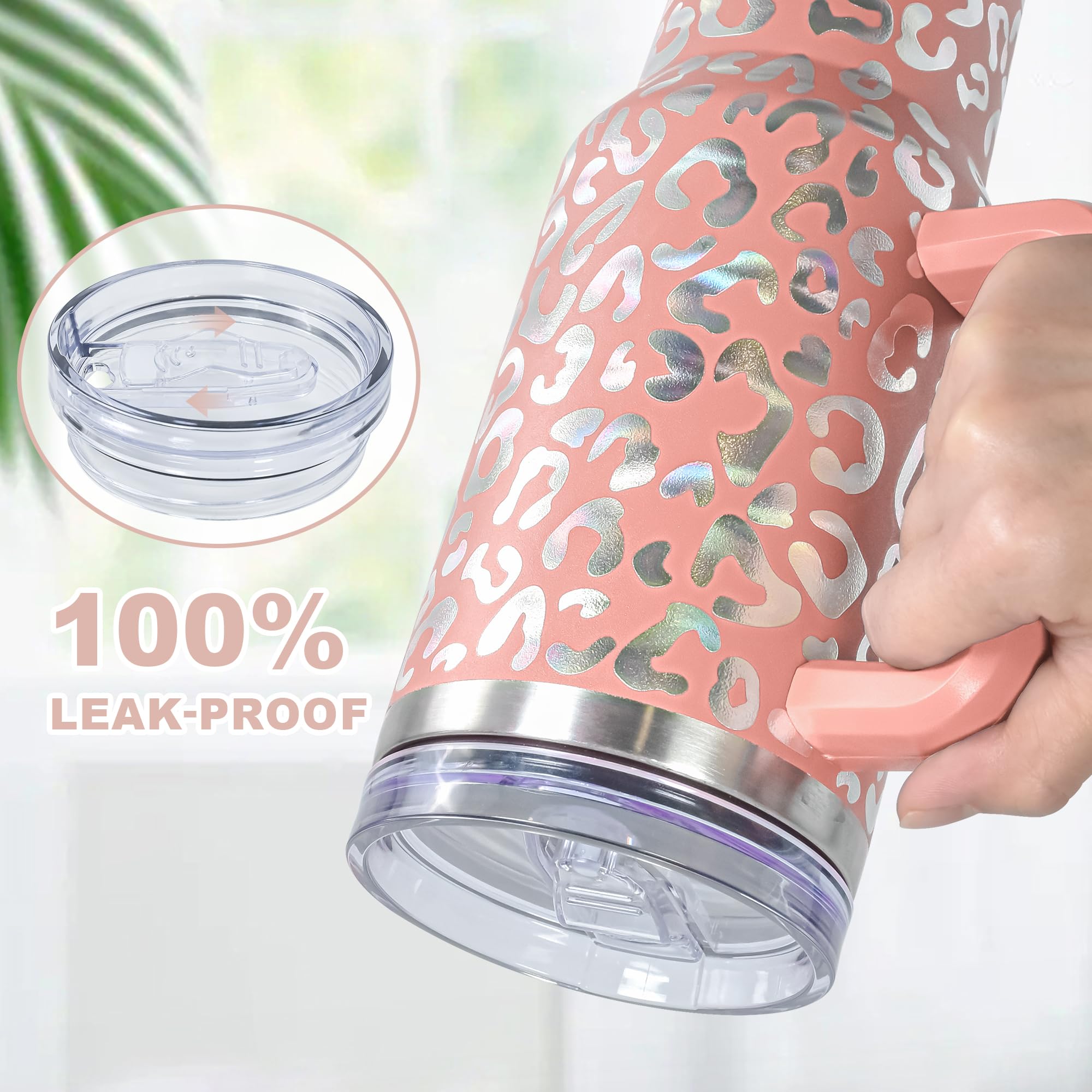 FECBK 40 oz Tumbler with Handle and Straw, 100% Leak-Proof Travel Mug, Stainless Steel Double Wall Vacuum Insulated Coffee Cup Keeps Cold For 34 Hours, Dishwasher Safe, Canyon Clay Leopard