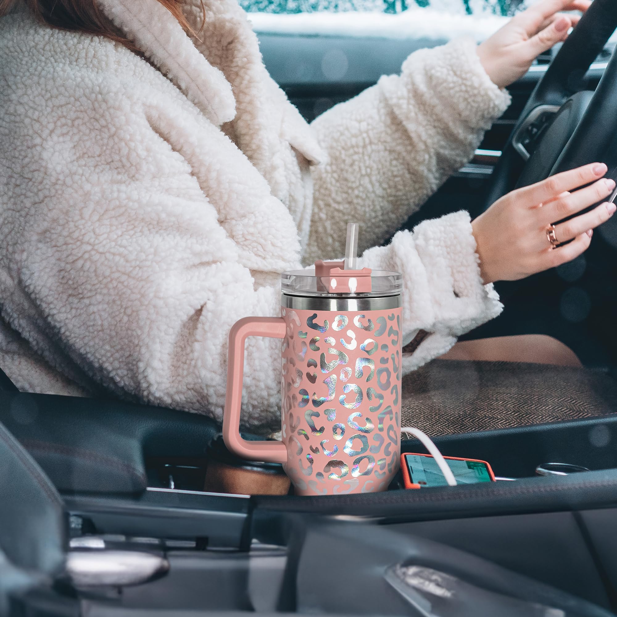 FECBK 40 oz Tumbler with Handle and Straw, 100% Leak-Proof Travel Mug, Stainless Steel Double Wall Vacuum Insulated Coffee Cup Keeps Cold For 34 Hours, Dishwasher Safe, Canyon Clay Leopard