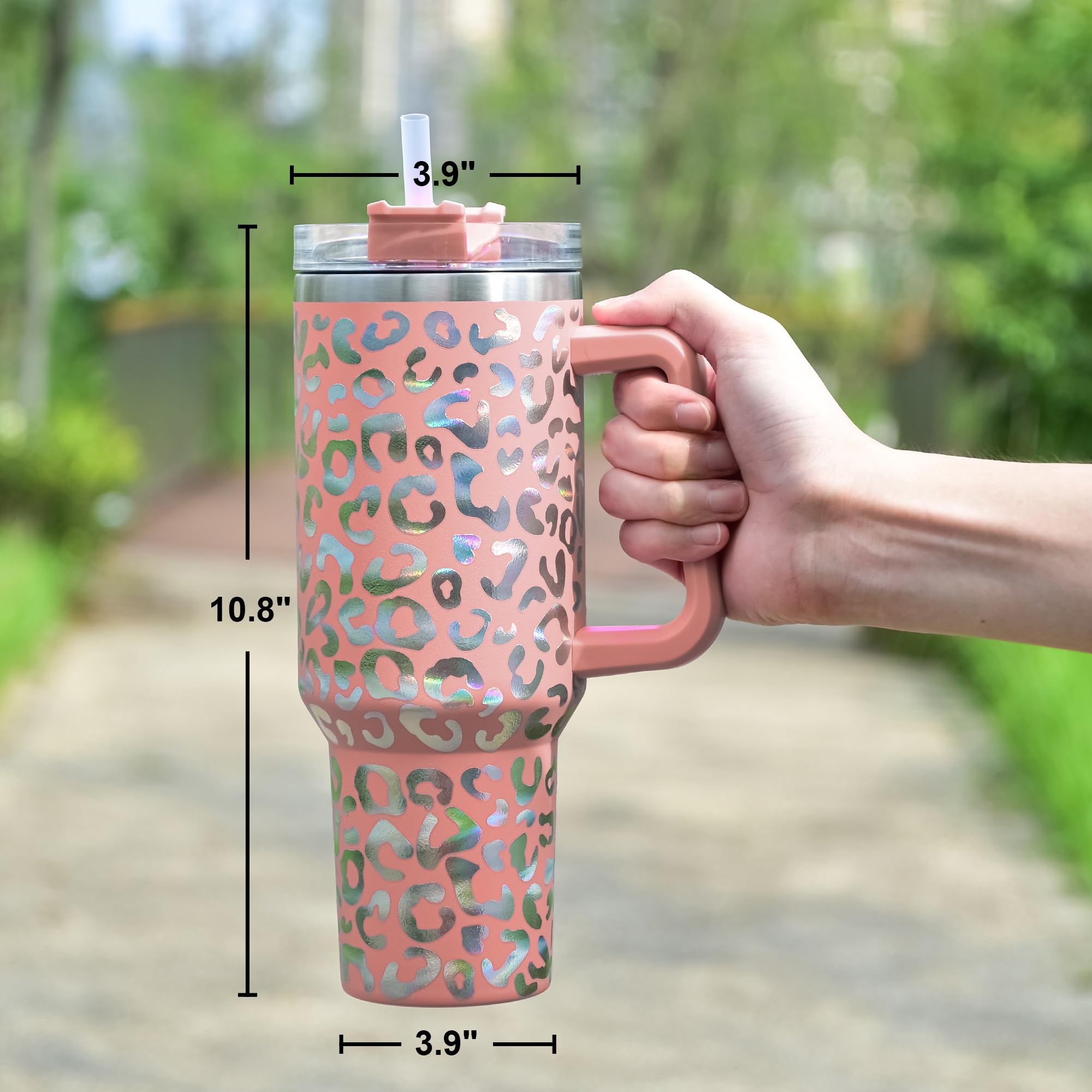 FECBK 40 oz Tumbler with Handle and Straw, 100% Leak-Proof Travel Mug, Stainless Steel Double Wall Vacuum Insulated Coffee Cup Keeps Cold For 34 Hours, Dishwasher Safe, Canyon Clay Leopard