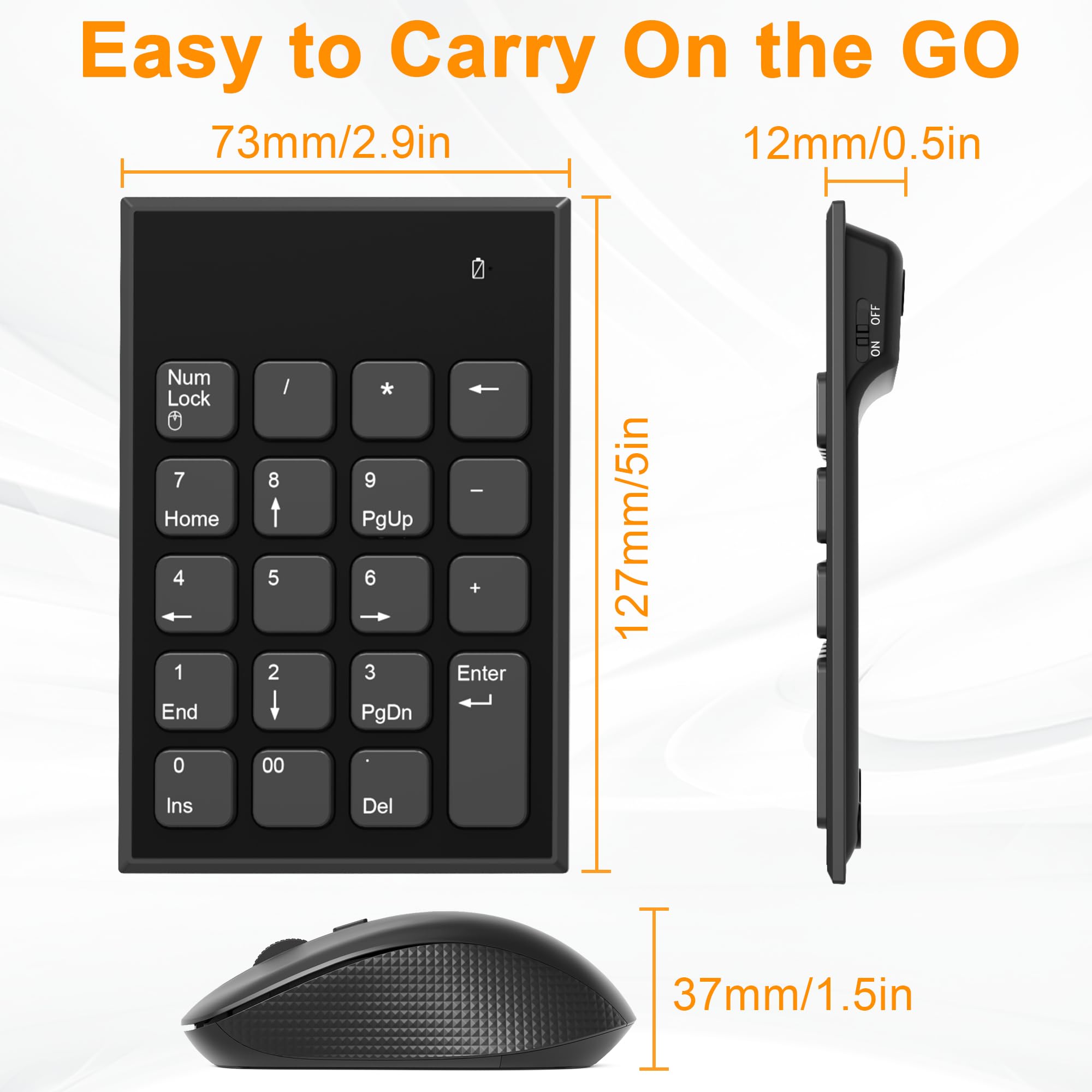 Wireless Number Pad and Mouse, Ultra Slim 2.4 GHz 19 Keys Numeric Keypad with 3 Adjustable DPI, Portable Silent Financial Accounting Number Keyboard Extensions for Laptop, PC, Desktop, Notebook