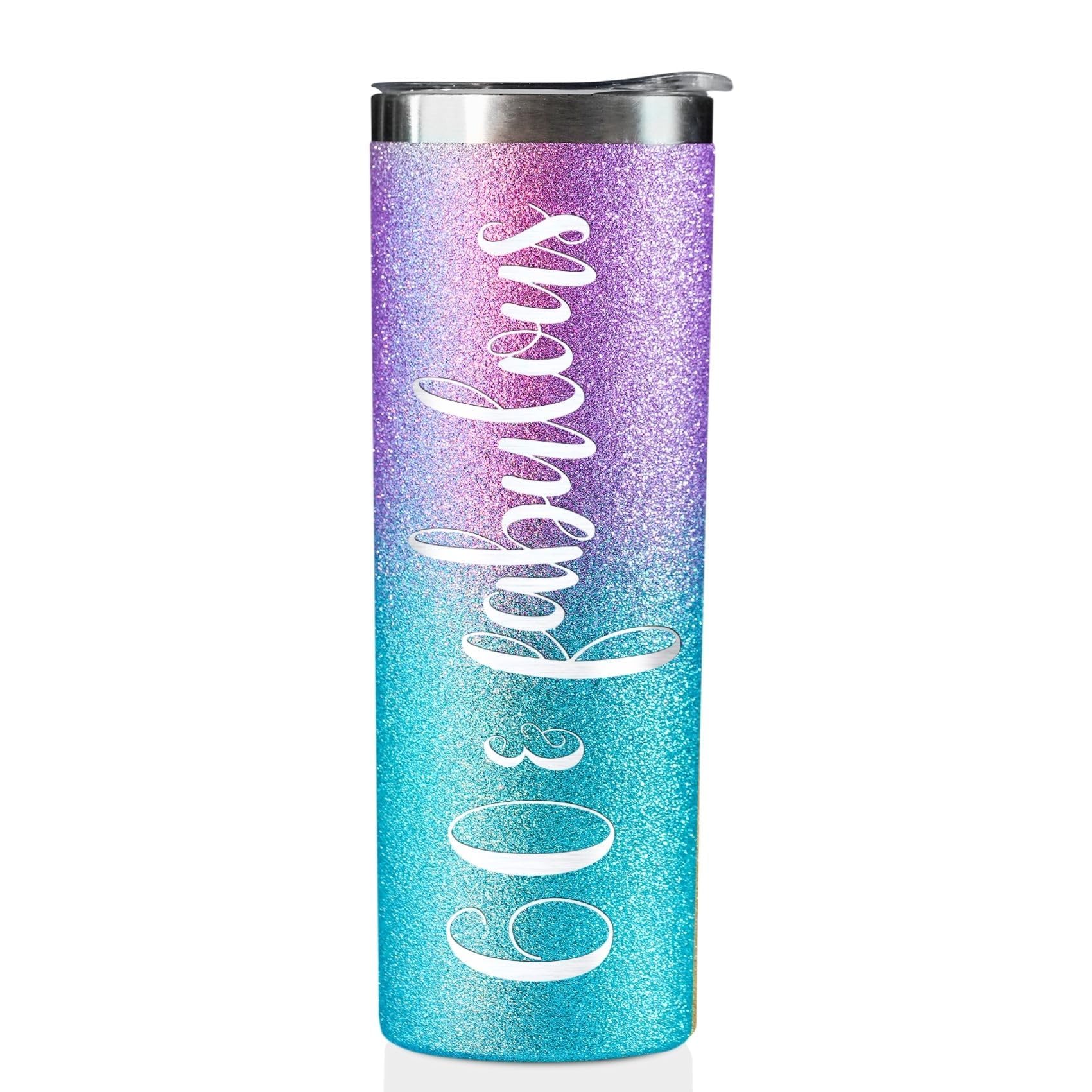 Onebttl 60th Birthday Gifts for Women, 60 & Fabulous, 60th Birthday Gift Idea for Women, 60th Bday Gifts, Stainless Steel Tumbler 20Oz - Glitter Purple&Blue