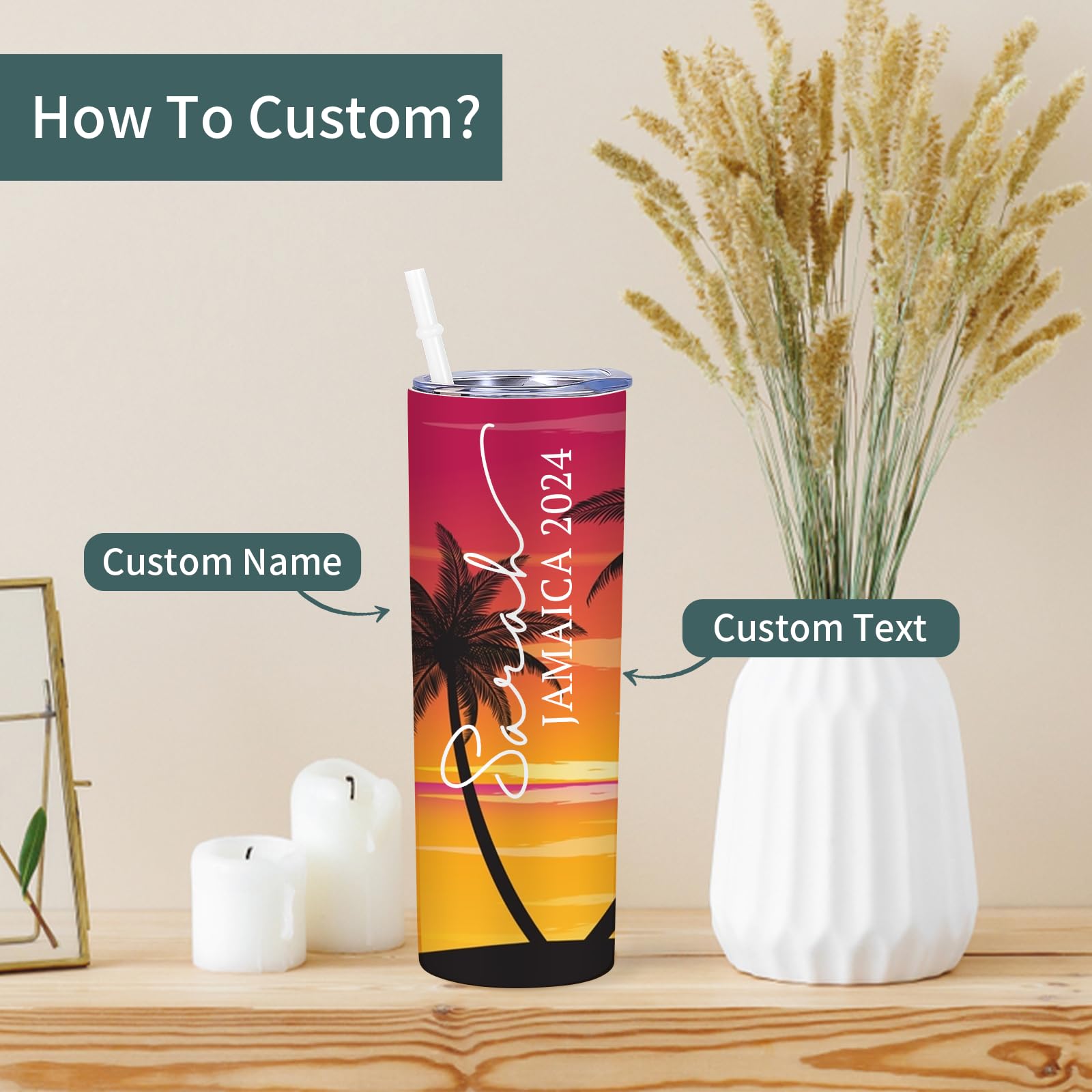Personalized Family Vacation Tumblers With Name, Custom Palm Tree Beach Skinny Coffee Tumbler, Girls Trip Cups With Lid And Straw, Customized Group Destination Vacation Matching Cup