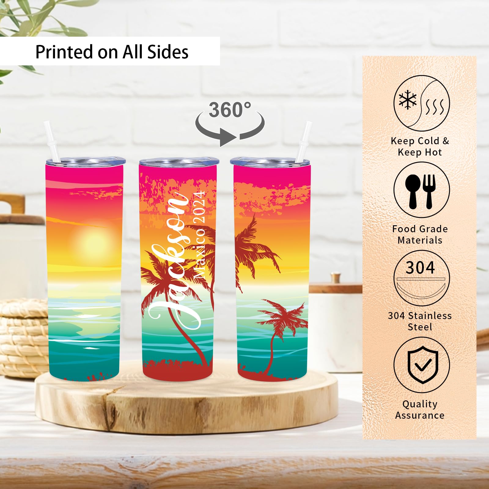 Personalized Family Vacation Tumblers With Name, Custom Palm Tree Beach Skinny Coffee Tumbler, Girls Trip Cups With Lid And Straw, Customized Group Destination Vacation Matching Cup