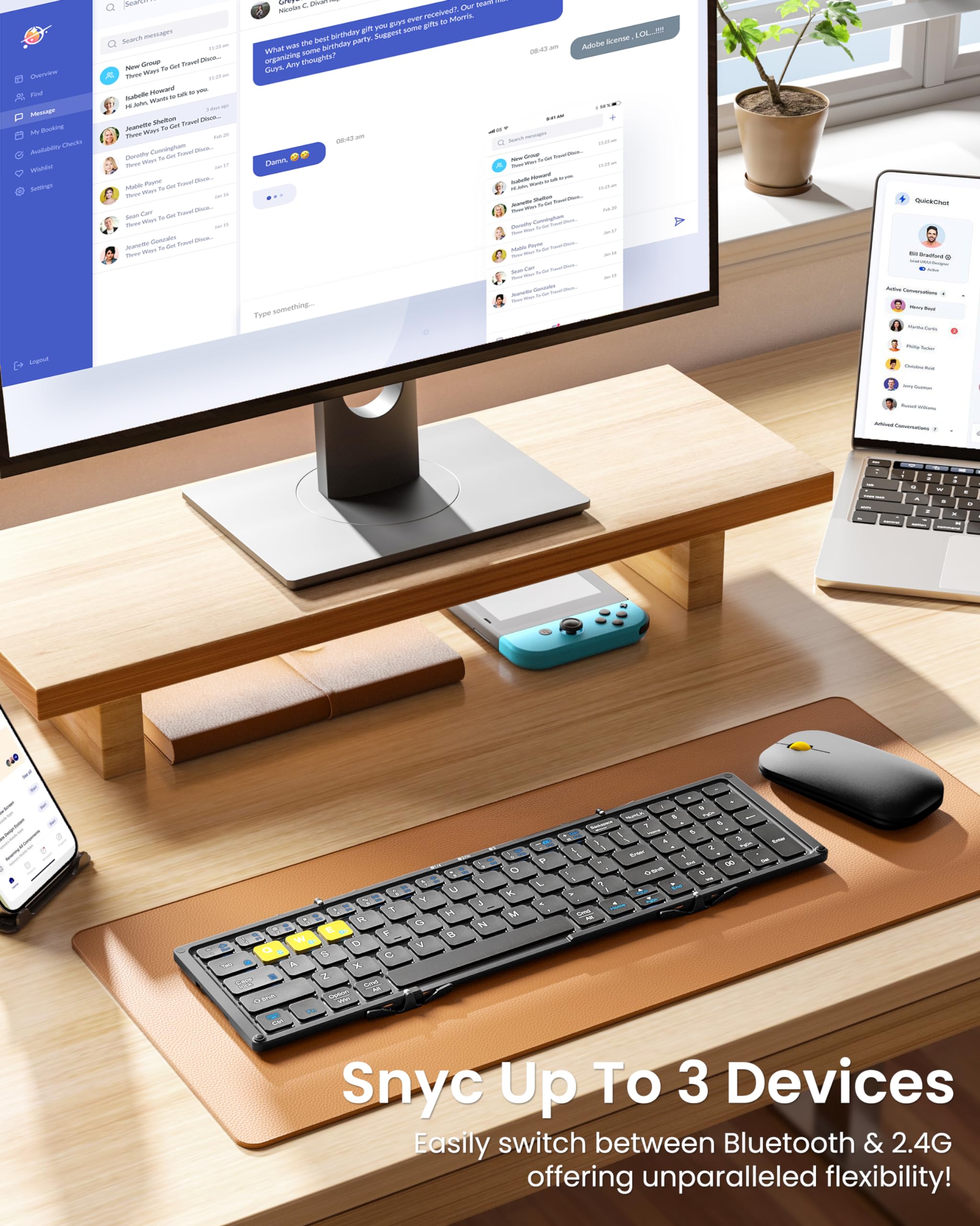 Foldable Bluetooth Keyboard and Mouse, Portable Folding Pocket Keyboard Mouse Combo with Numeric Keypad for Business and Travel for Phone Tablet Laptop (2.4G+Dual BT)