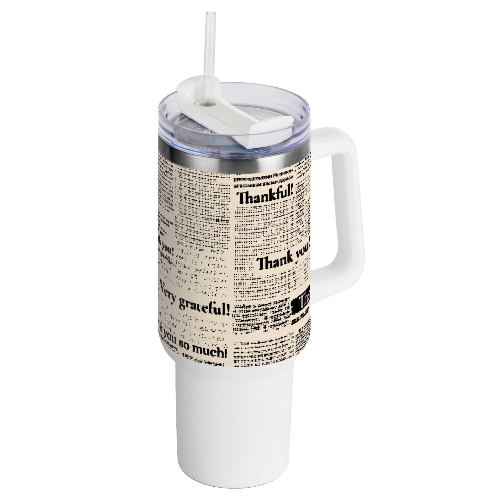 Takiito Newspaper Tumbler with Handle, Stainless Steel Vacuum Insulated Tumbler with Lid and Straw Fit Car Cup Holder, Leak-Proof BPA Free