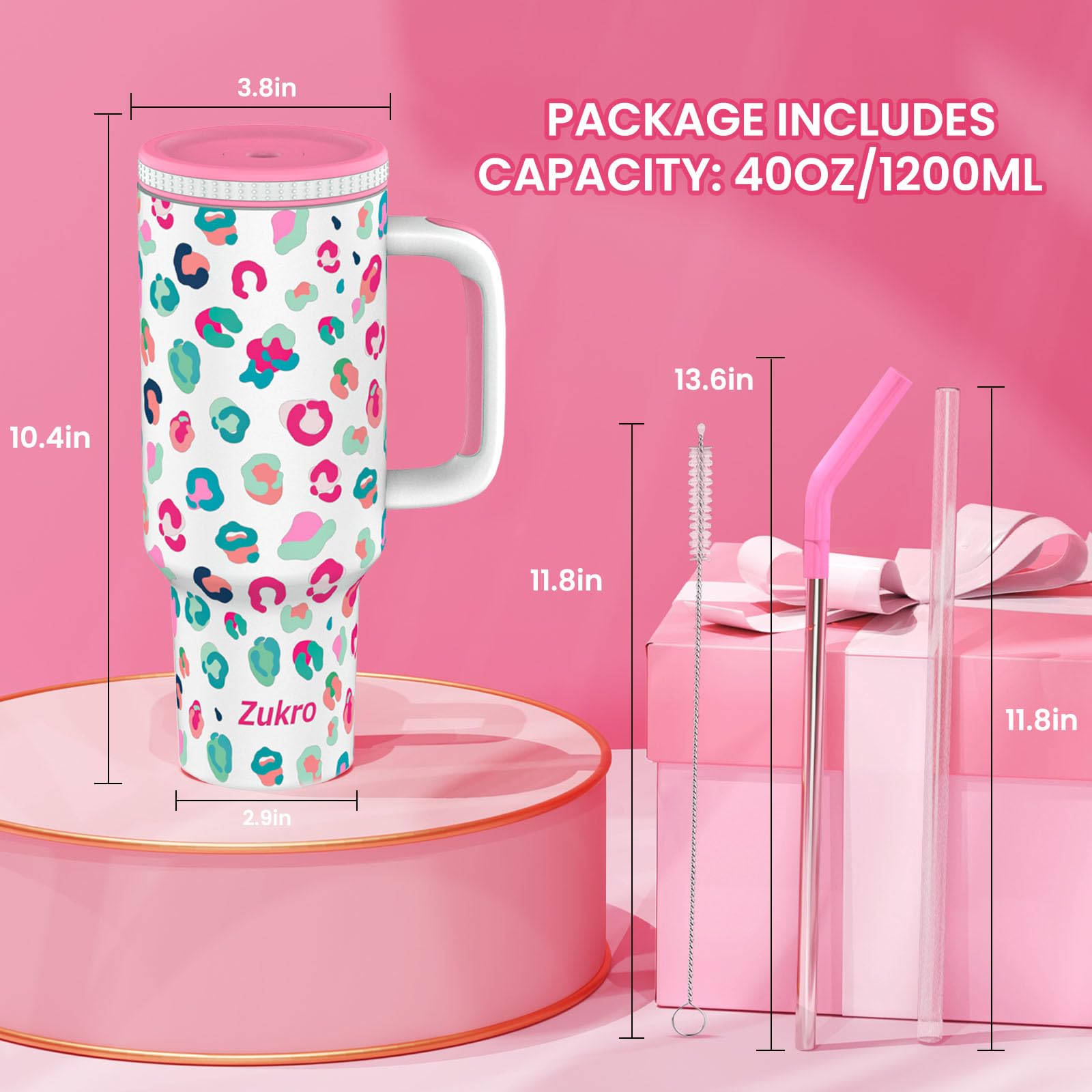 Zukro 40 oz Triple Insulated Tumbler with Handle and Straw Lid - Stainless Steel Cup Travel Mug Fits in Cupholder - No Sweat Water Bottle Keeps Drinks Cold 30 Hours - Dishwasher Safe -Bluewave