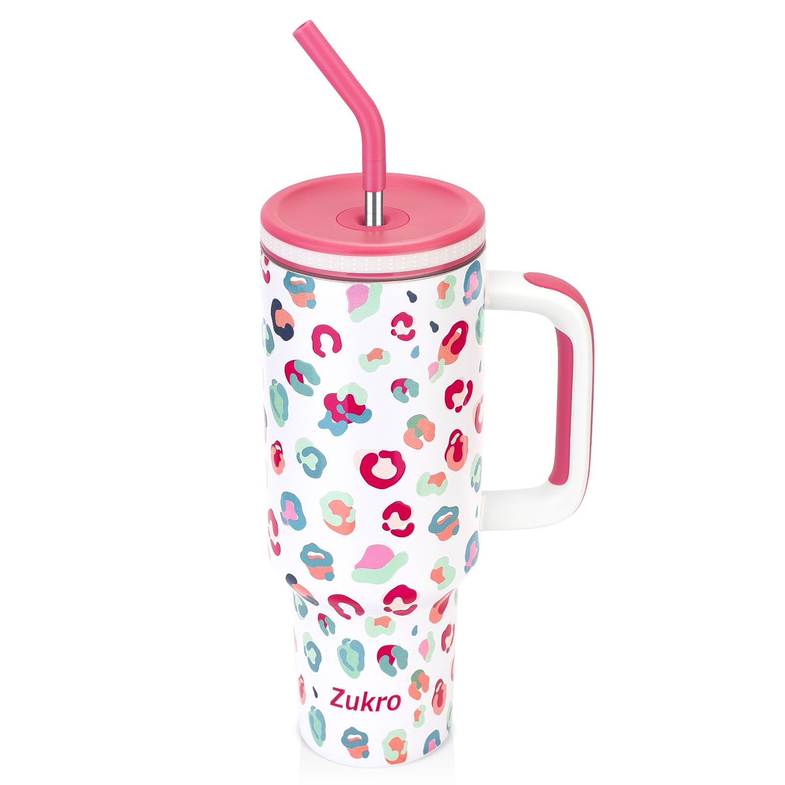 Zukro 40 oz Triple Insulated Tumbler with Handle and Straw Lid - Stainless Steel Cup Travel Mug Fits in Cupholder - No Sweat Water Bottle Keeps Drinks Cold 30 Hours - Dishwasher Safe - Animal