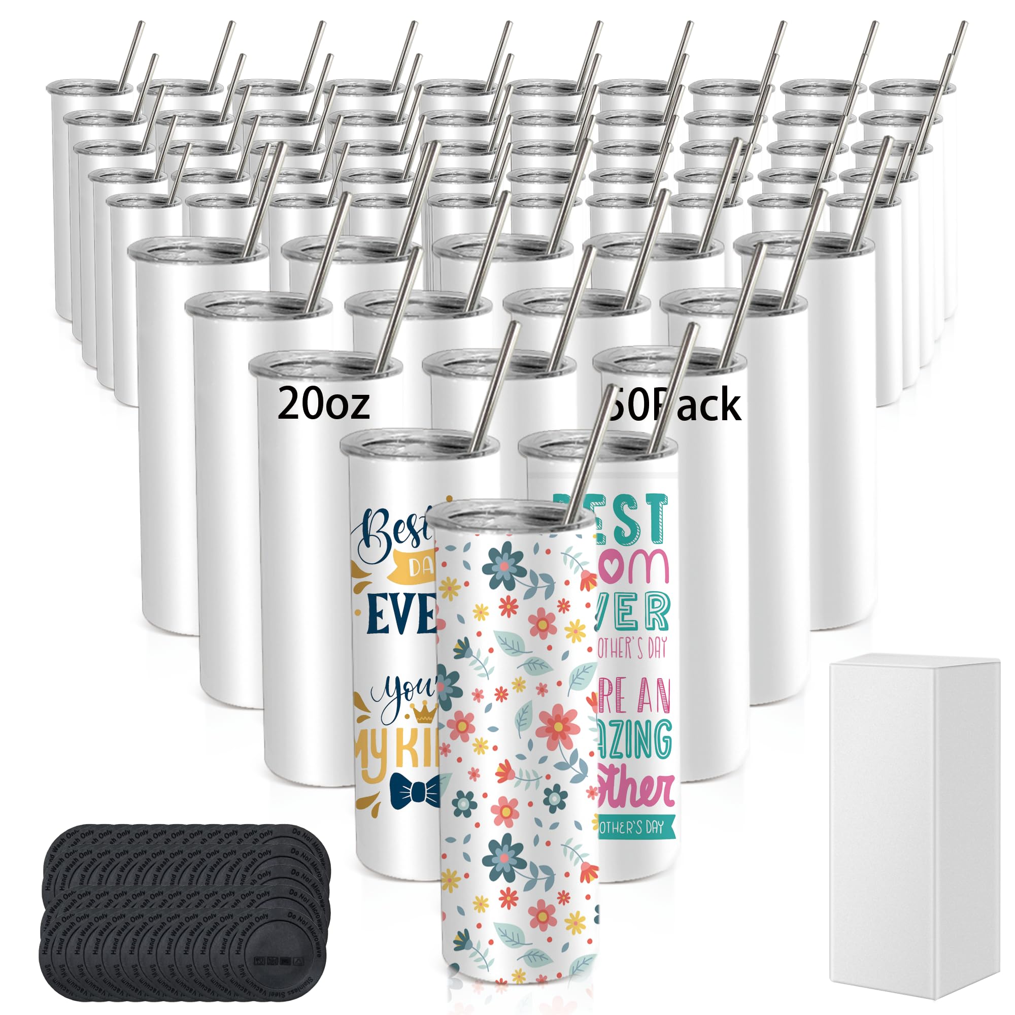 Icesip 50 Pack Sublimation Tumblers Blank 20 oz Straight Skinny Tumbler with Metal Straws Rubber Bottom Individually Boxed Sublimation Cups Wholesale Blank White for Heat Transfer