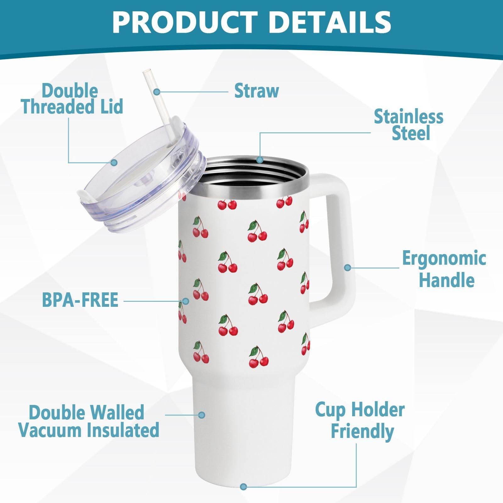 Burbuja Cherries 40oz Insulated Tumblers with Handle and Straw Lid, Double Wall Stainless Steel Travel Mug Leak-Proof, BPA Free, Gift for Mom Dad