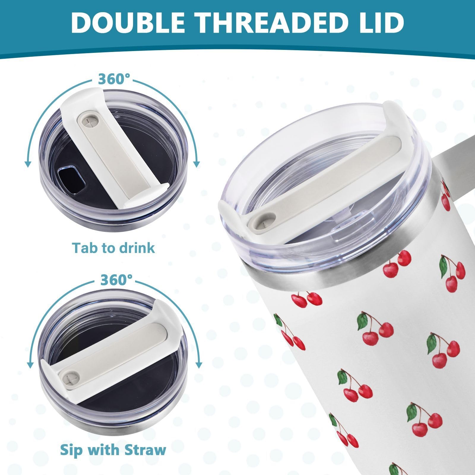 Burbuja Cherries 40oz Insulated Tumblers with Handle and Straw Lid, Double Wall Stainless Steel Travel Mug Leak-Proof, BPA Free, Gift for Mom Dad