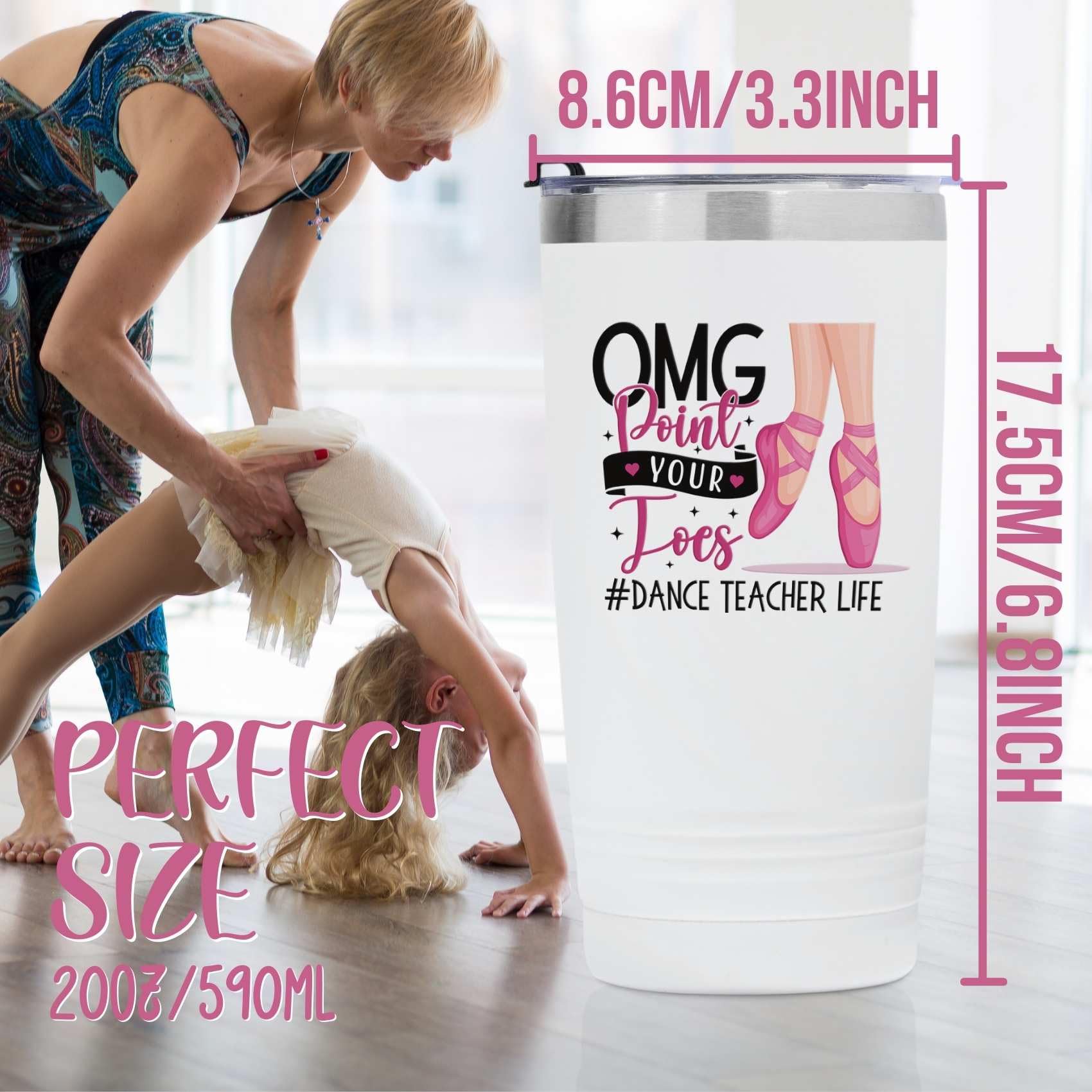 Onebttl Dance Teacher Appreciation Gift - OMG Point Your Toes - 20oz/590ml Stainless Steel Insulated Tumbler for Women, Her (White)