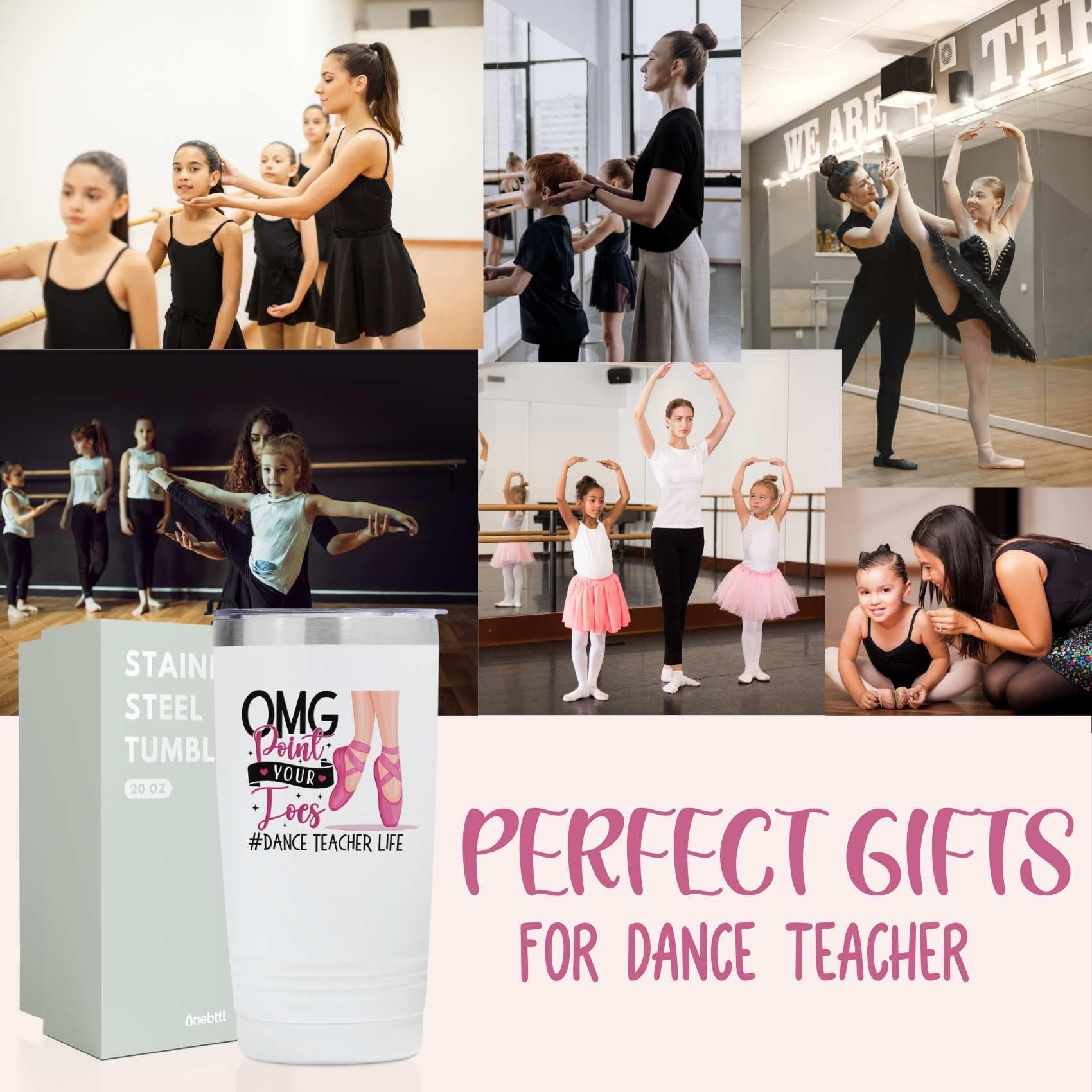 Onebttl Dance Teacher Appreciation Gift - OMG Point Your Toes - 20oz/590ml Stainless Steel Insulated Tumbler for Women, Her (White)