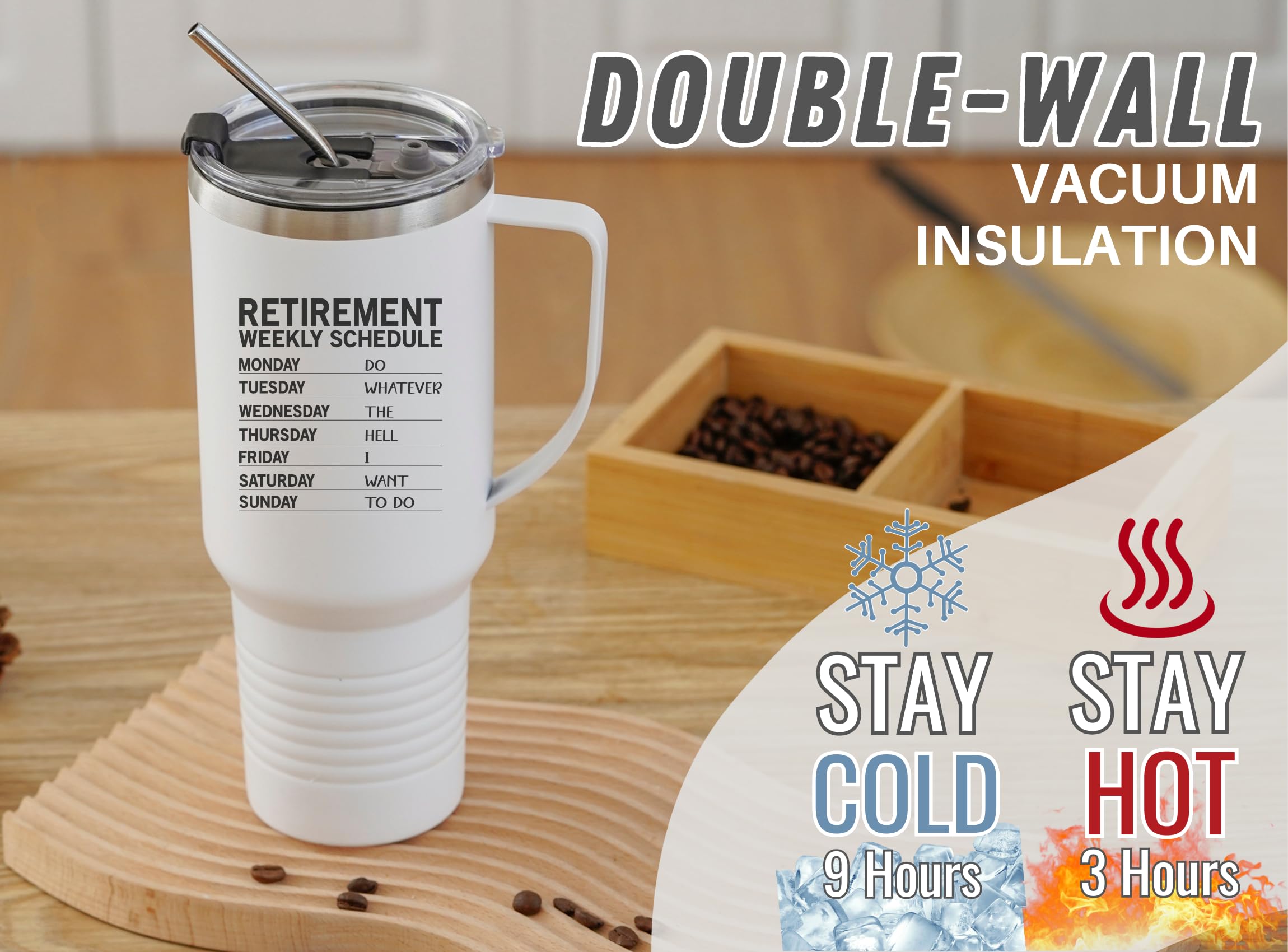 Onebttl Retirement Gifts for Men, Retirement Tumbler for Men 40oz Insulated Travel Cup with Handle, Retired Gifts for Dad, Grandpa, Friends, CoWorker (White, Schedule)