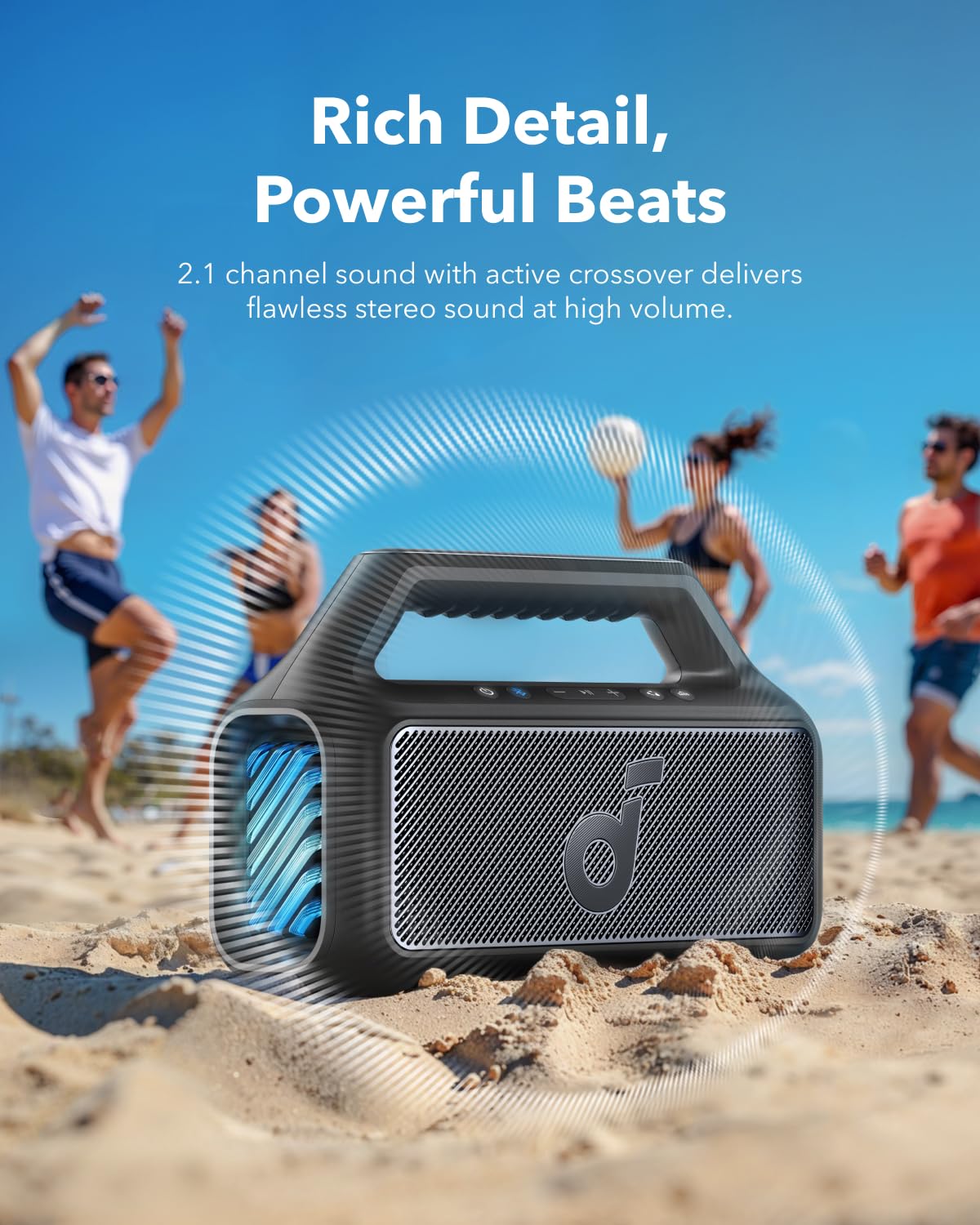 Soundcore Boom 2 Outdoor Speaker, 80W, Subwoofer, BassUp 2.0, 24H Playtime, IPX7 Waterproof, Floatable, RGB Lights, USB-C, Custom EQ, Bluetooth 5.3, Portable for Outdoors, Camping (Renewed)