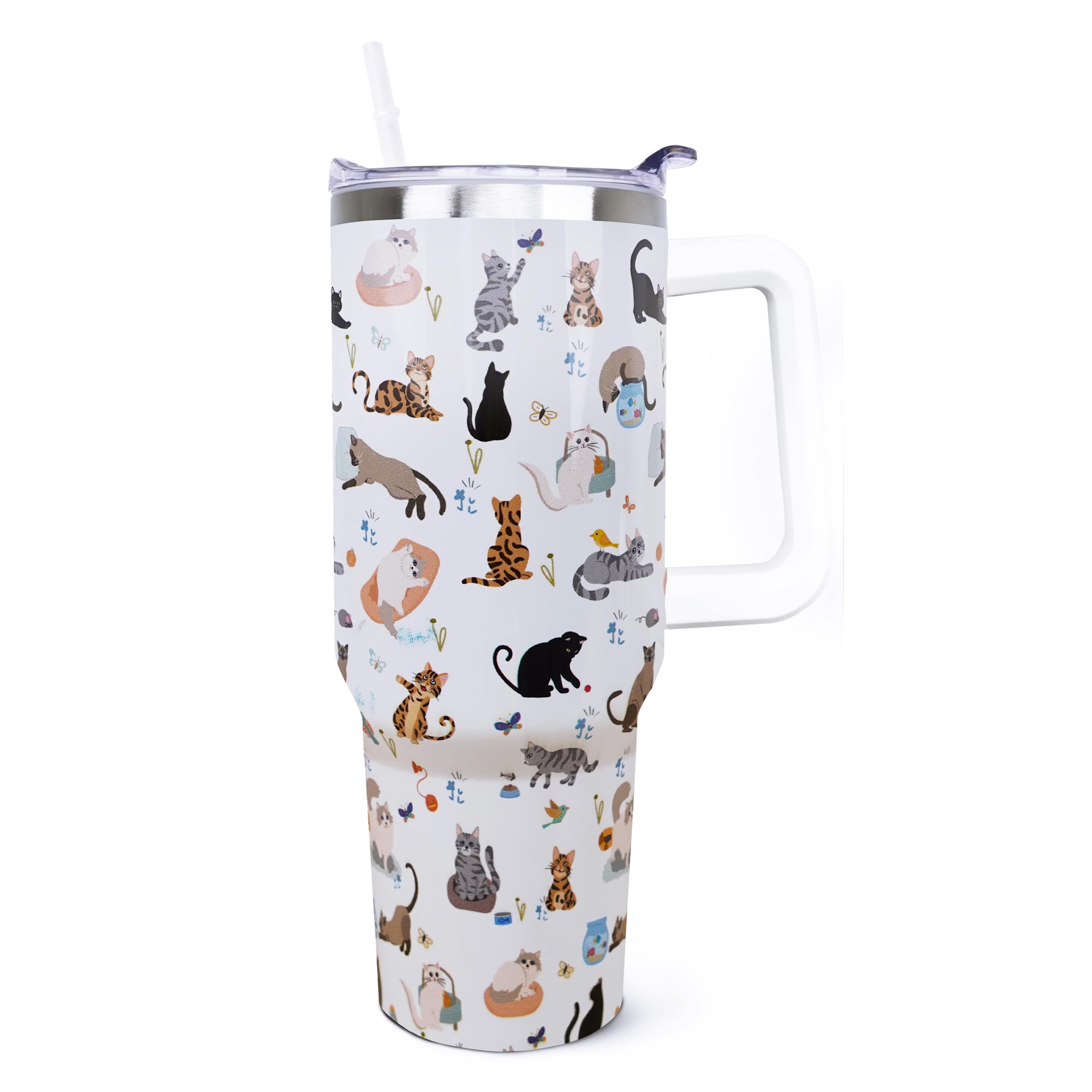 ZNYYZYBA 40 oz Tumbler With Handle and Straw, Cat Tumbler With Leak Proof Lid, Reusable Stainless Steel Insulated Travel Coffee Mug, Gifts for Cat Lovers