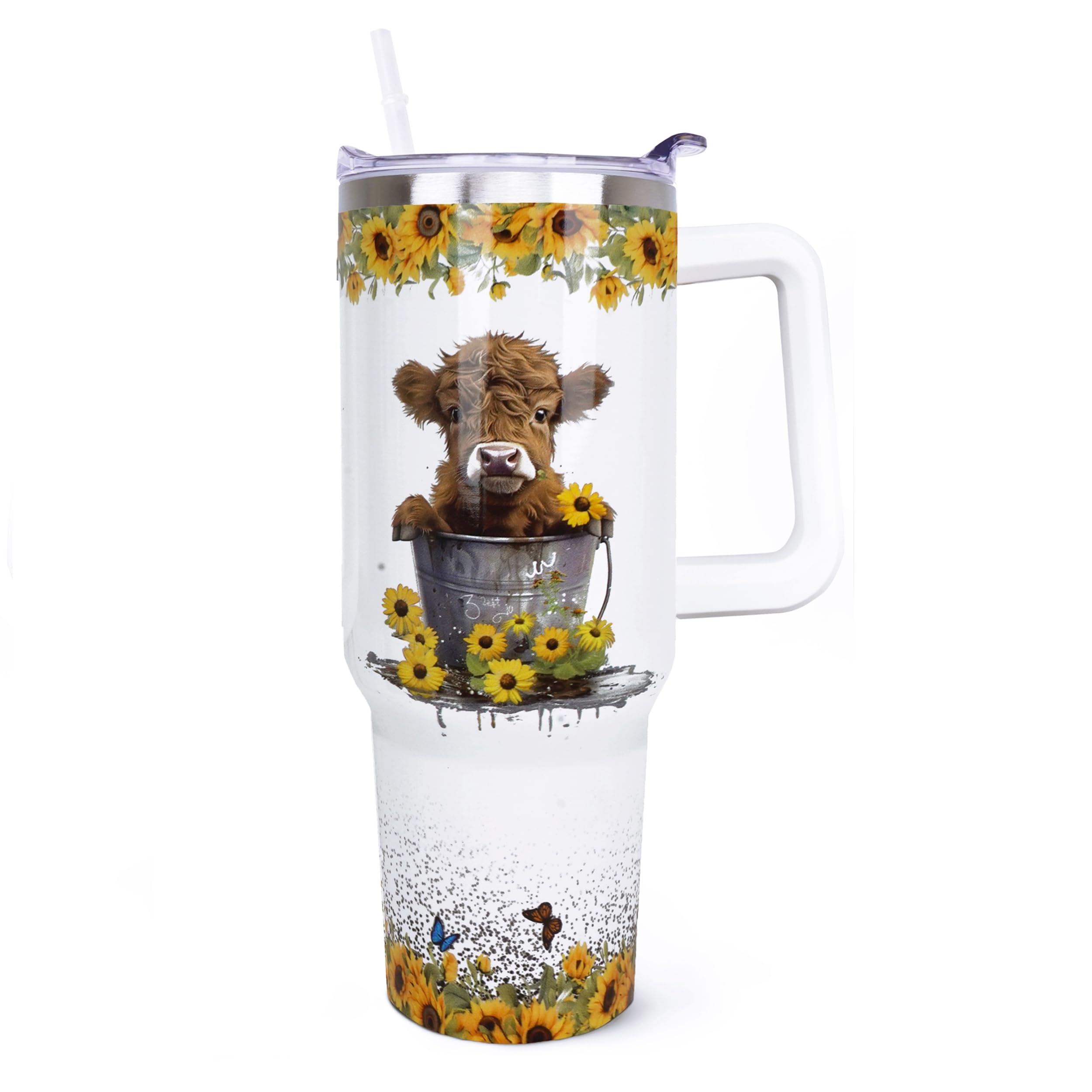 ZNYYZYBA 40 oz Tumbler with Handle and Straw, Highland Cow Tumbler with Leak Proof Lid, Reusable Stainless Steel Insulated Travel Coffee Mug, Highland Cow Gifts for Cow Lovers, white brown
