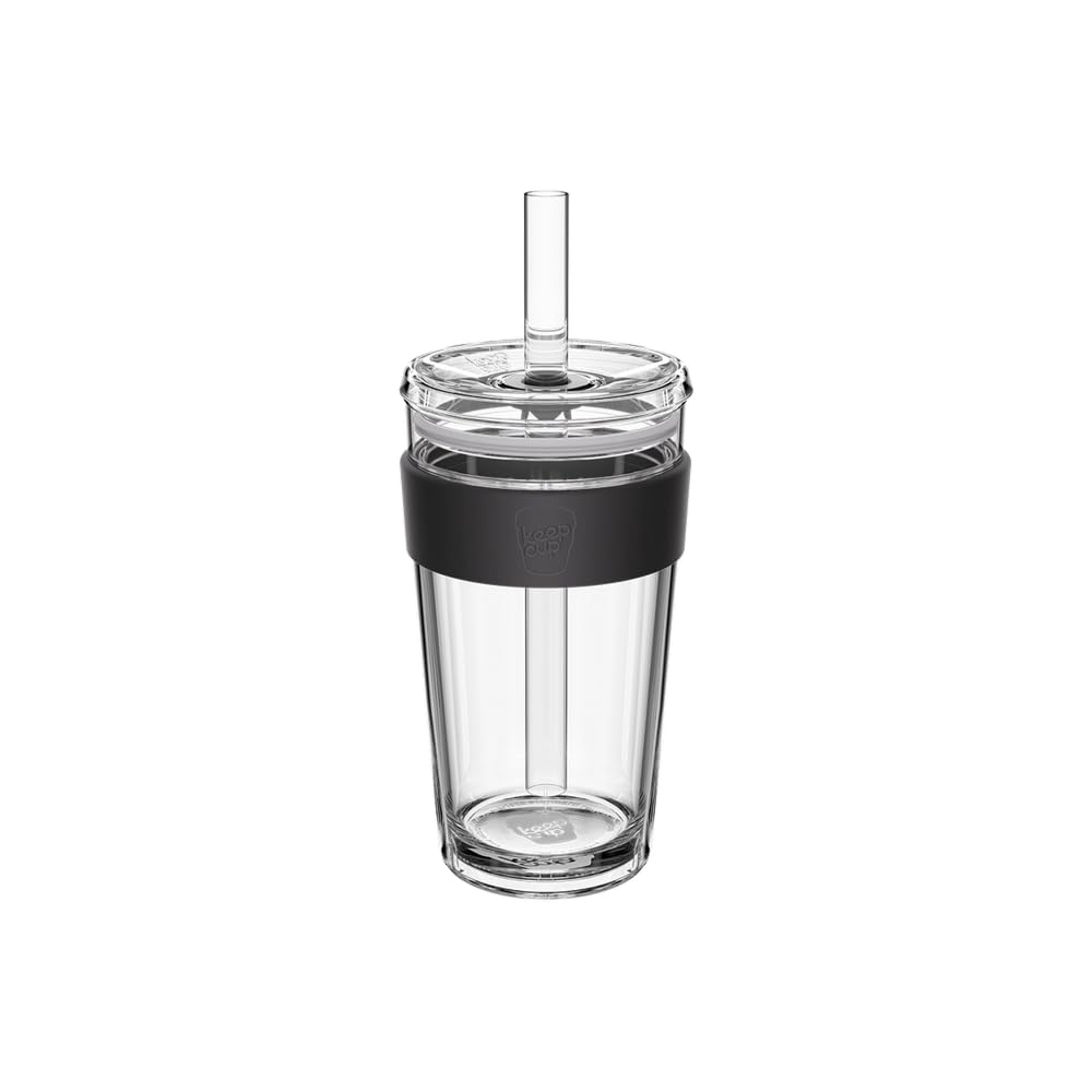 KeepCup Cold Cup - Longplay Double wall Glass Ice Coffee Tumbler with Lid and Straw - 16oz (454ml) - Black