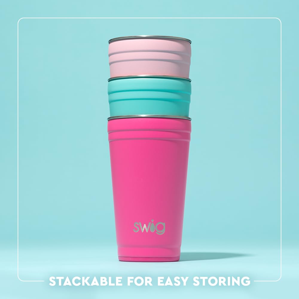 Swig Life 24oz Party Cup, Stackable Insulated Travel Coffee Tumbler with EZ Slider Lid, Cup Holder Friendly Travel Thermos, Stainless Steel 24 oz Tumbler, Reusable Coffee Mug (Pixie)