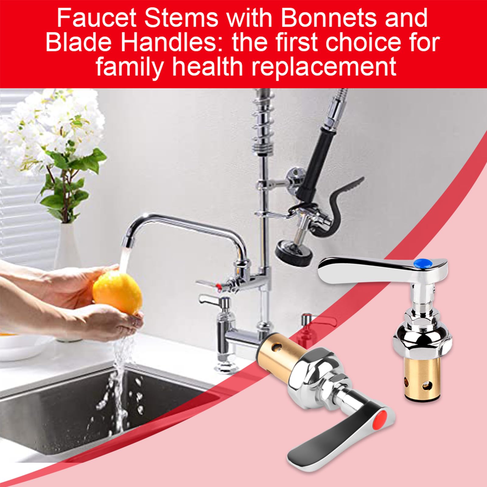 Brass Spindle Assembly for Eterna Valve Replacement, Hot Side Handle Stem Assembly Replacement Valve for Wall Mount Commercial Pre Rinse Faucet, Red