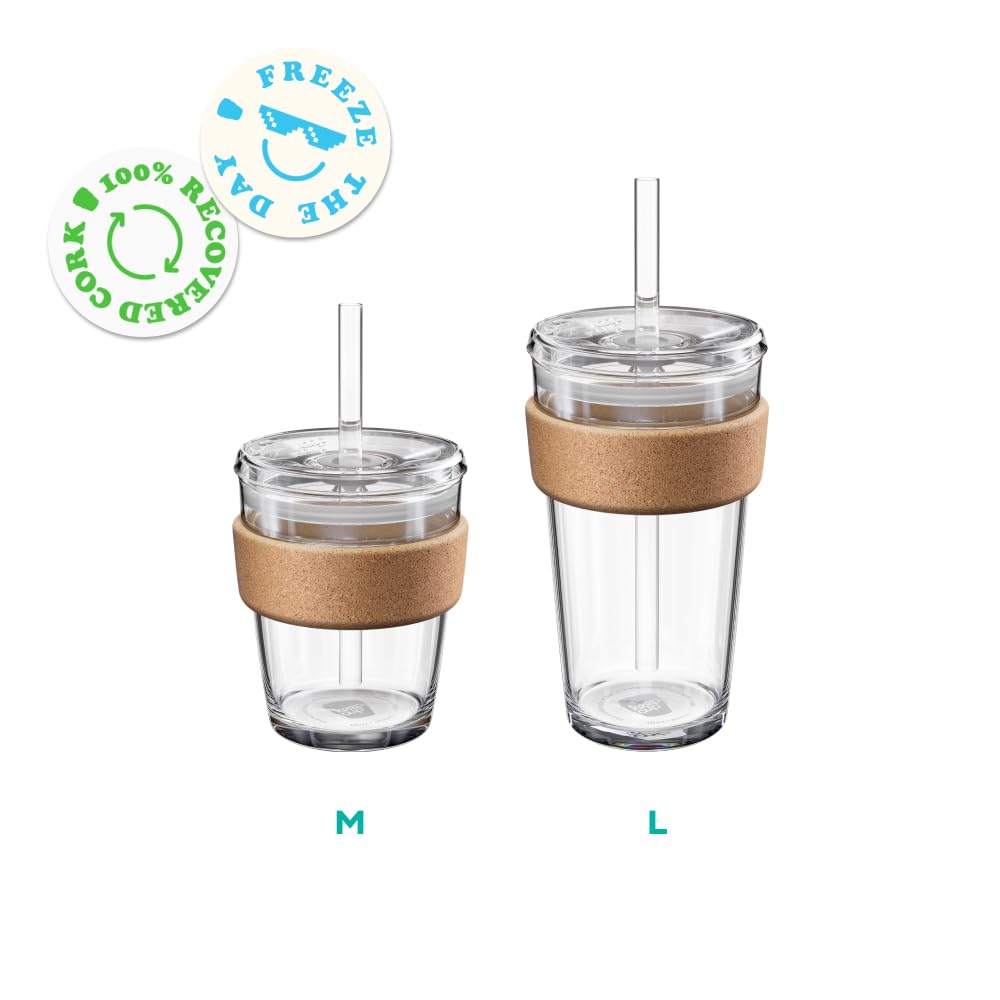 KeepCup Cold Cup - Brew Cork Tempered Glass Ice Coffee Tumbler with Recovered Cork Band, Lid and Straw - 16oz (454ml)