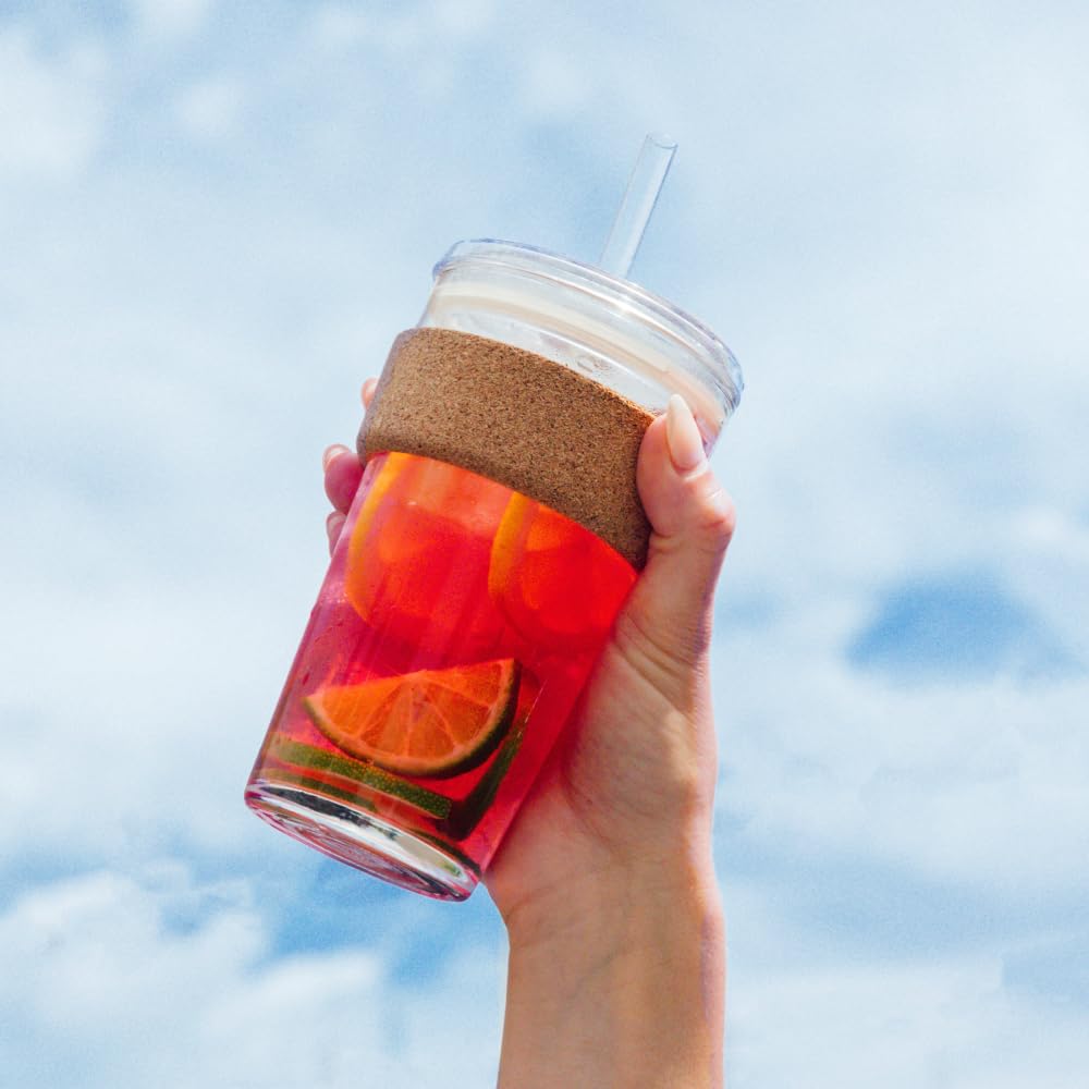 KeepCup Cold Cup - Brew Cork Tempered Glass Ice Coffee Tumbler with Recovered Cork Band, Lid and Straw - 16oz (454ml)