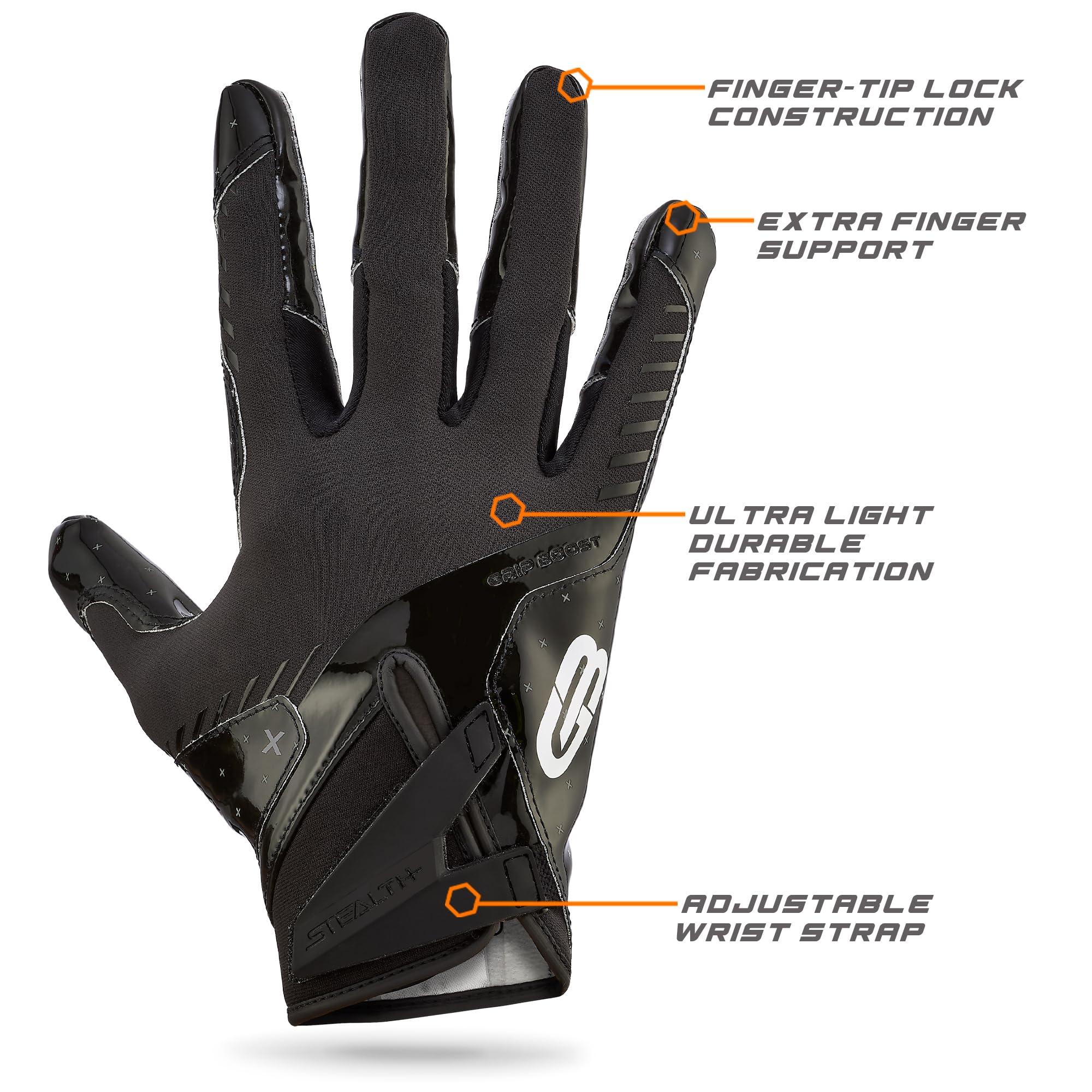 Grip Boost Football Gloves Solid Stealth 6.0 Boost Plus Men's Receiver Gloves - Adult and Youth Sizes (Solid Black, X-Large)