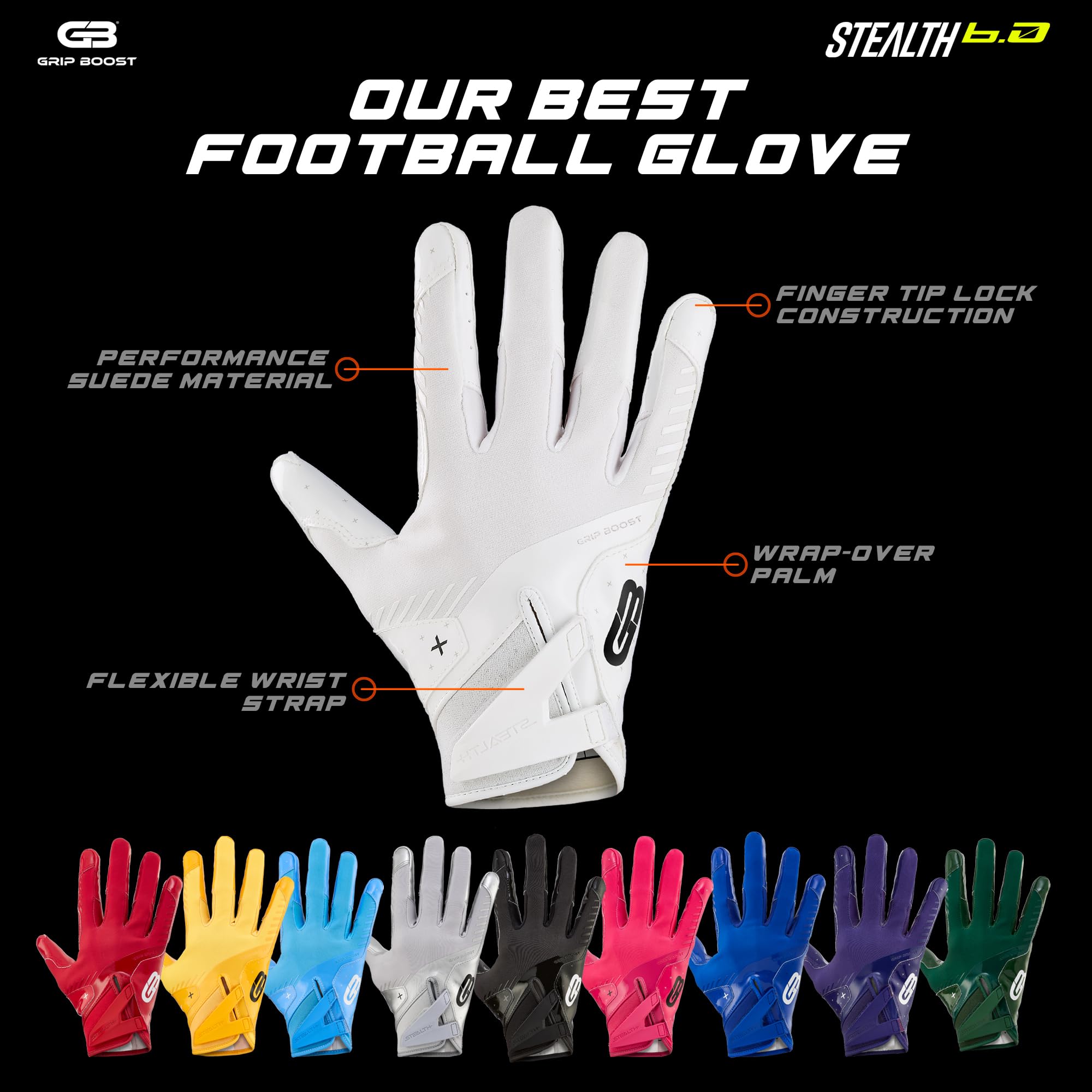 Grip Boost Football Gloves Solid Stealth 6.0 Boost Plus Men's Receiver Gloves - Adult and Youth Sizes (Solid Black, X-Large)