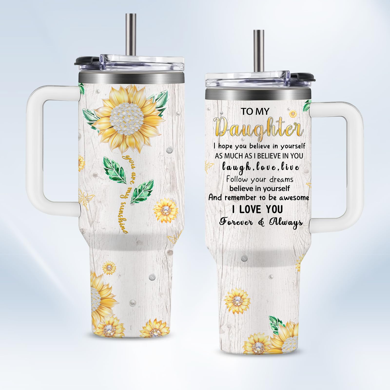 HYMONA Daughter Gifts from Mom Dad, 40oz Daughter Cup Tumbler with Handle, You Are My Sunshine Daughter Insulated Stainless Steel Travel Mug, Birthday Christmas Gifts for Daughter Coffee Travel Mug