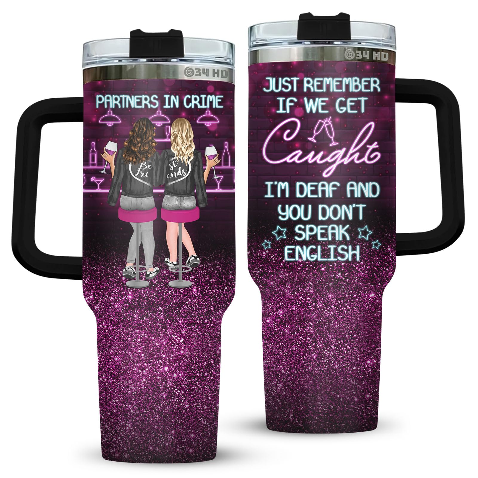 34HD 40oz Insulated Tumbler with Handle – Partners in Crime Birthday Gift for Best Friends or Sisters – Funny Stainless Steel Travel Mug – Keeps Drinks Hot or Cold – Fun Bar Night Quote Design