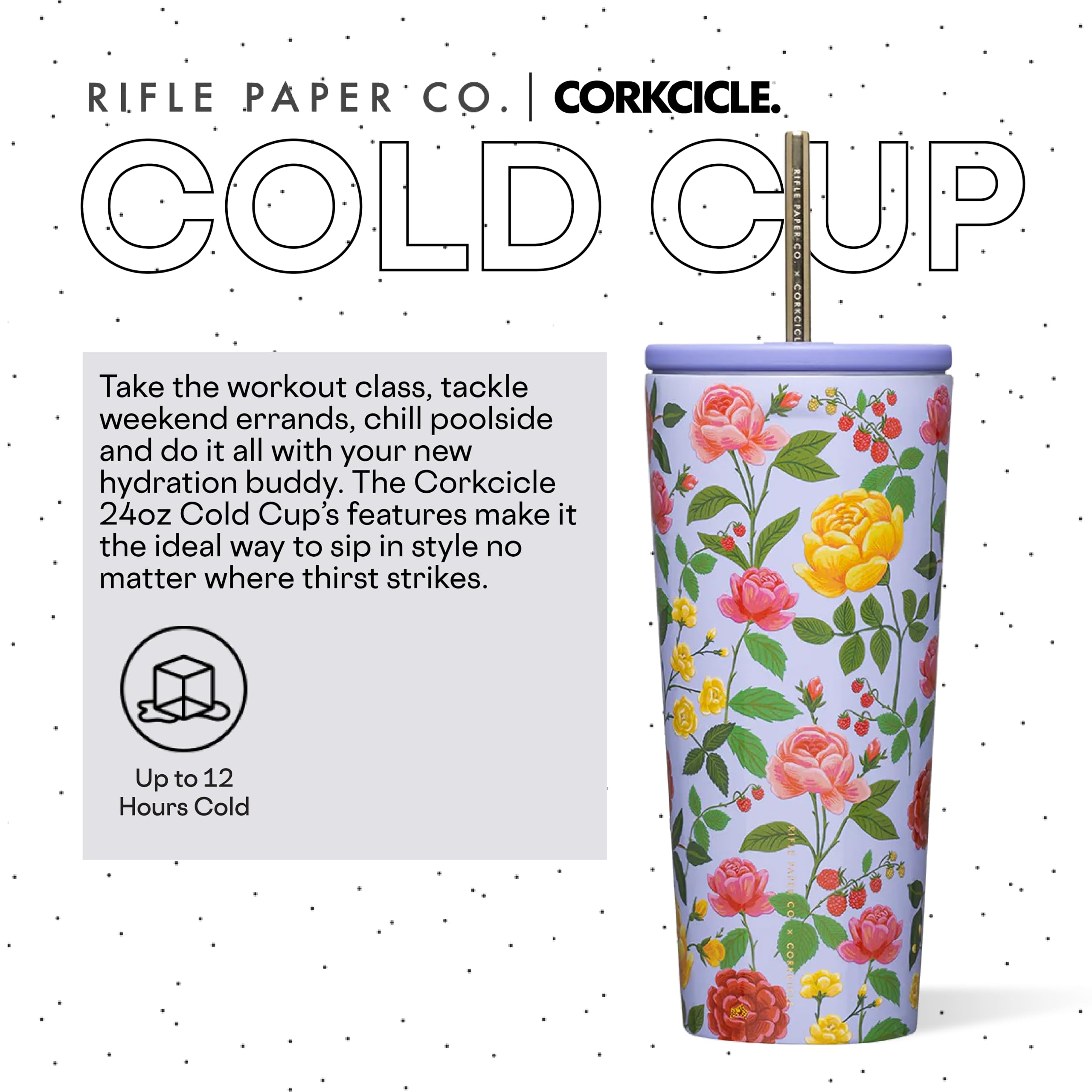 Corkcicle x Rifle Paper Co. Cold Cup Insulated Tumbler with Lid and Straw, Roses Purple, 24 oz β Reusable Water Bottle Keeps Beverages Cold for 12hrs, Hot 5hrs β Cupholder Friendly, Flexible Sip Lid